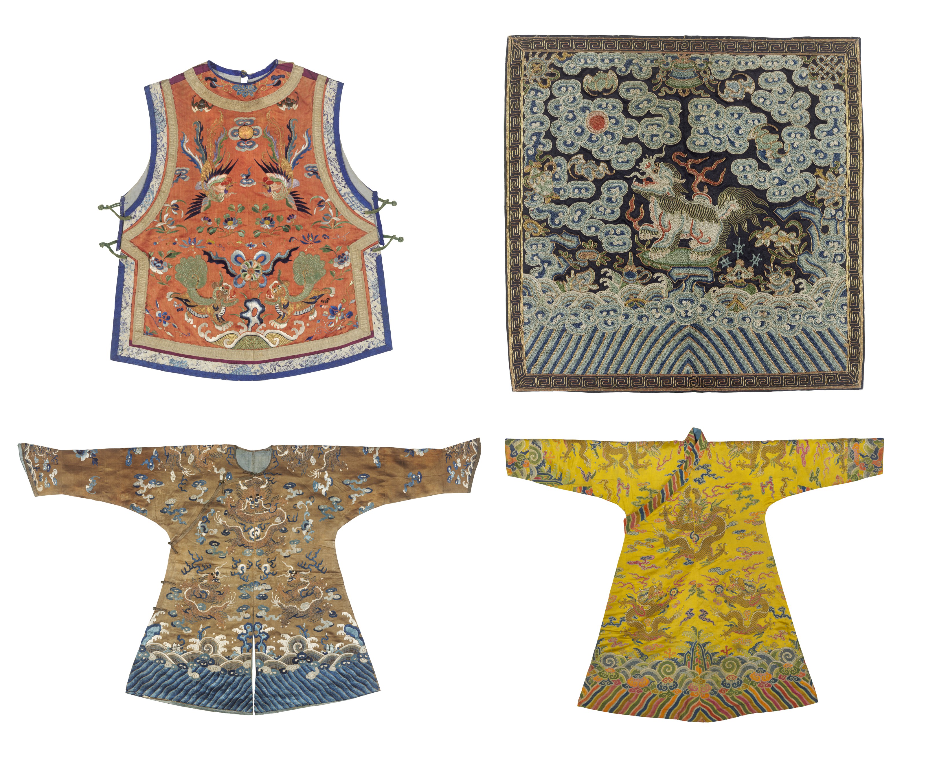 A YELLOW SILK BROCADE ROBE, CHUBA, A BROWN SILK EMBROIDERED DRAGON ROBE ...