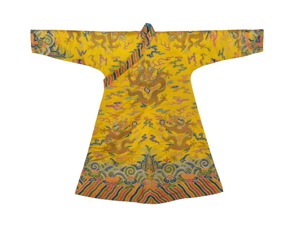 A YELLOW SILK BROCADE ROBE, CHUBA, A BROWN SILK EMBROIDERED DRAGON ROBE ...