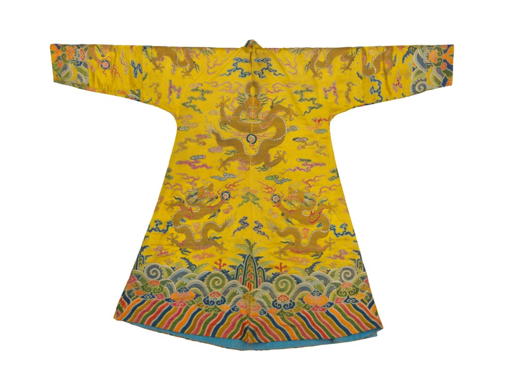 A YELLOW SILK BROCADE ROBE, CHUBA, A BROWN SILK EMBROIDERED DRAGON ROBE ...