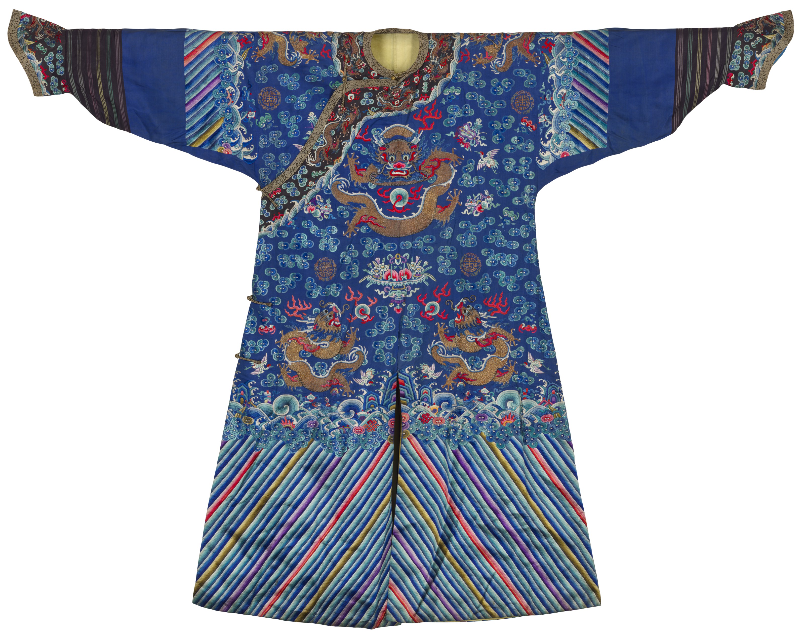 A BLUE-GROUND EMBROIDERED SILK 'DRAGON' ROBE, CIRCA 1900 | Christie’s