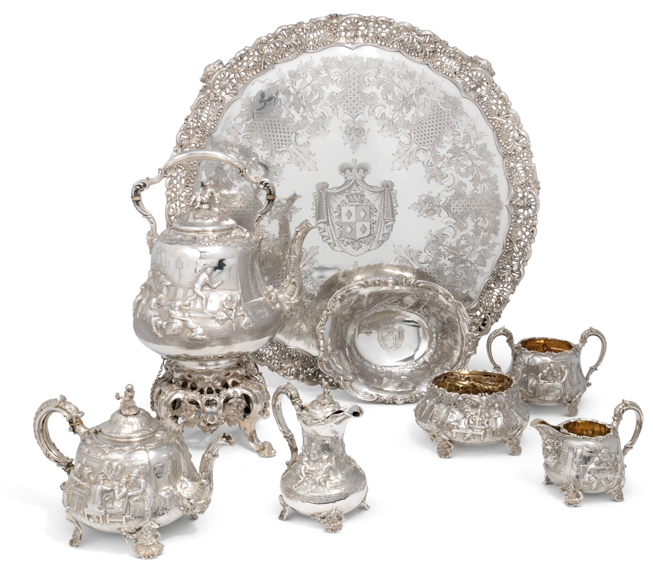 A VICTORIAN SILVER SEVEN- PIECE TEA SERVICE AND LARGE SALVER