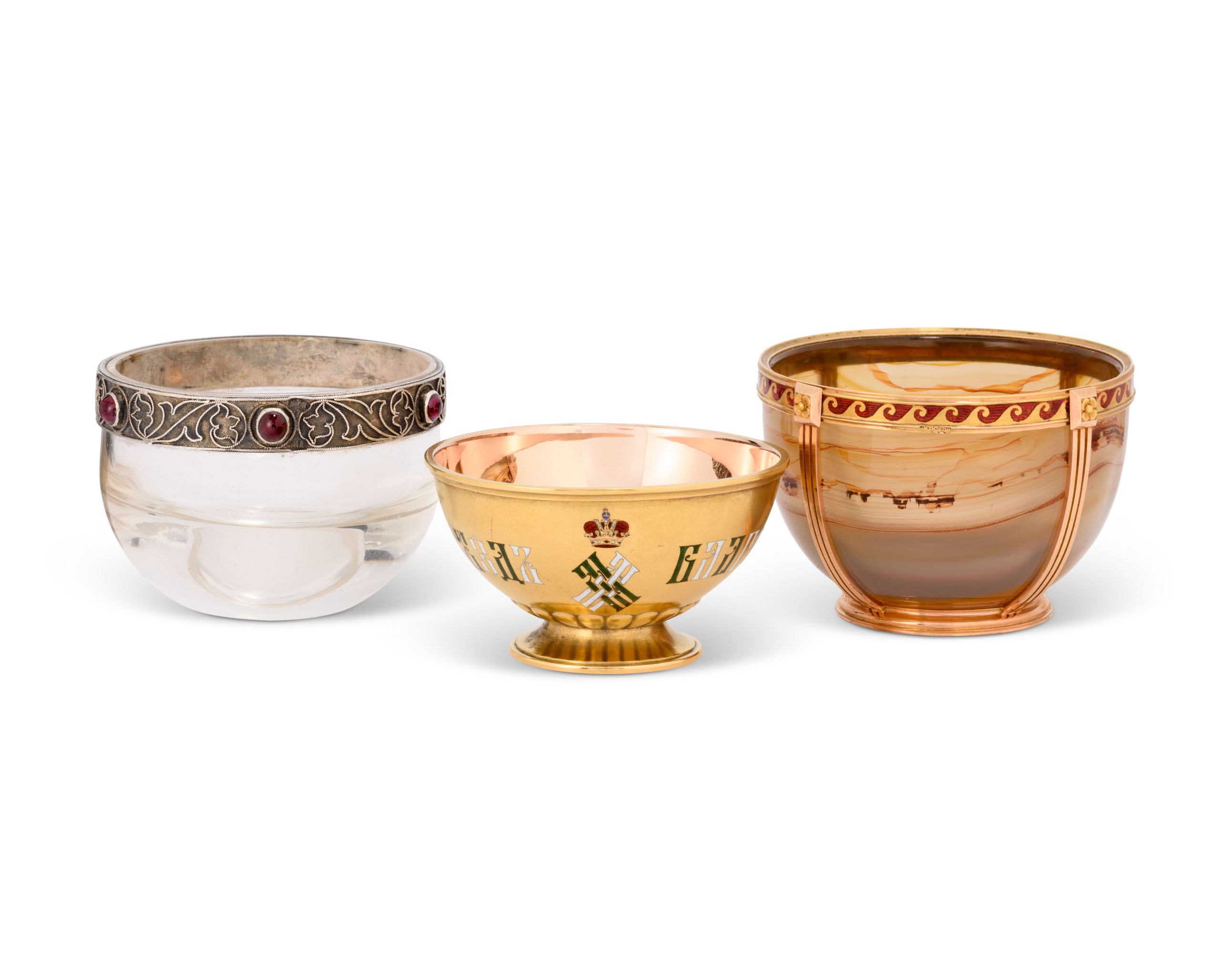 THREE GEM-SET AND ENAMEL SILVER, GOLD AND HARDSTONE MINIATURE BOWLS ...