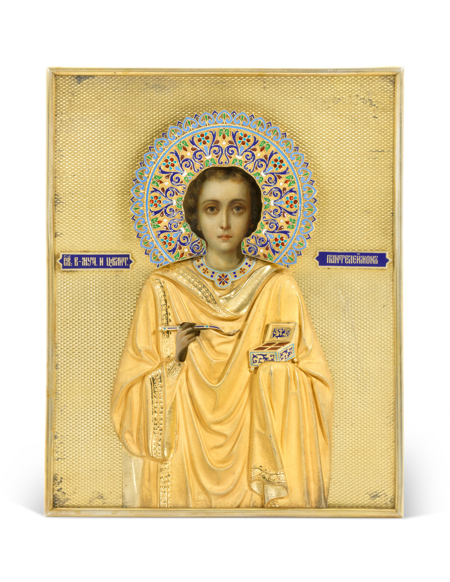 A CLOISONNÉ AND CHAMPLEVÉ ENAMEL SILVER-GILT ICON OF ST PANTALEON ...
