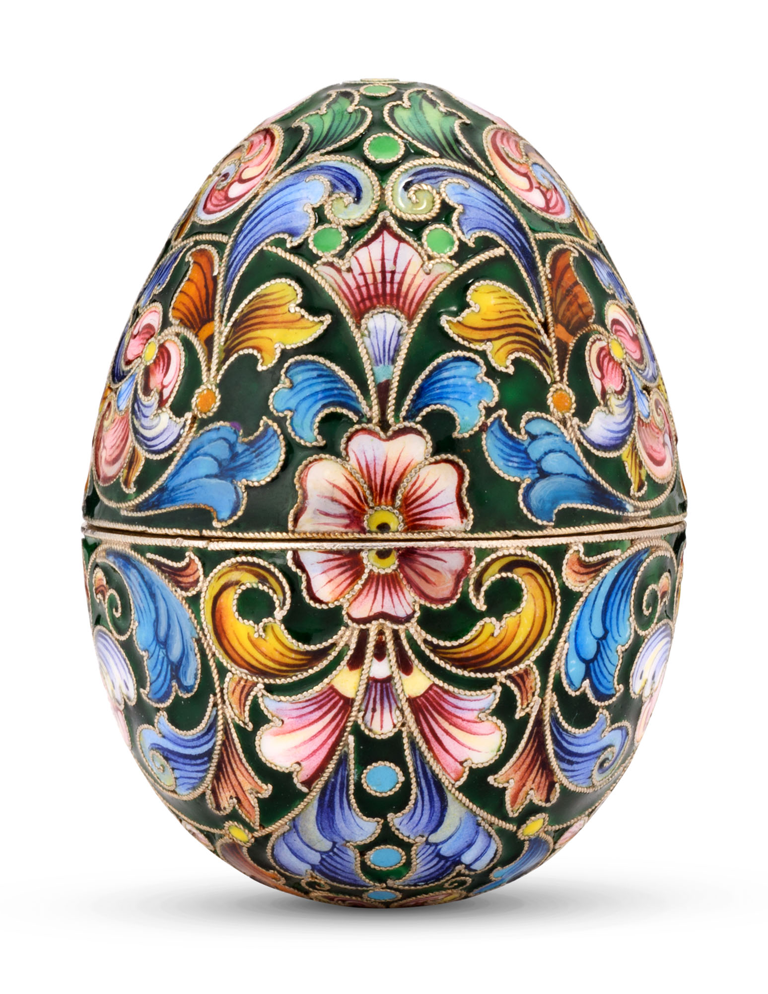 A CLOISONNÉ ENAMEL SILVER-GILT EASTER EGG, MARK OF FEODOR RÜCKERT ...