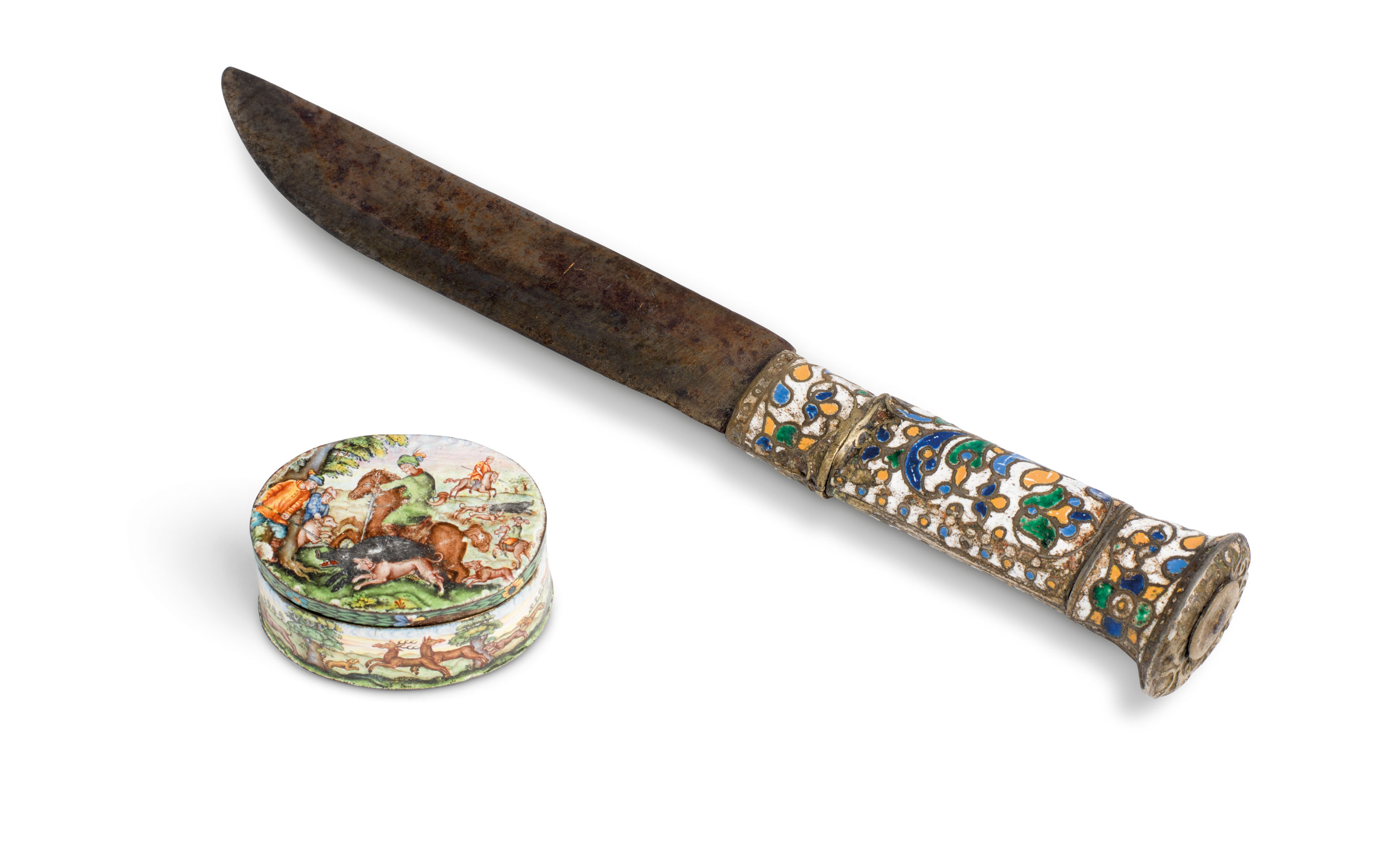 A CLOISONNÉ AND EN PLEIN ENAMEL KNIFE AND SNUFF BOX, THE KNIFE, RUSSIA ...