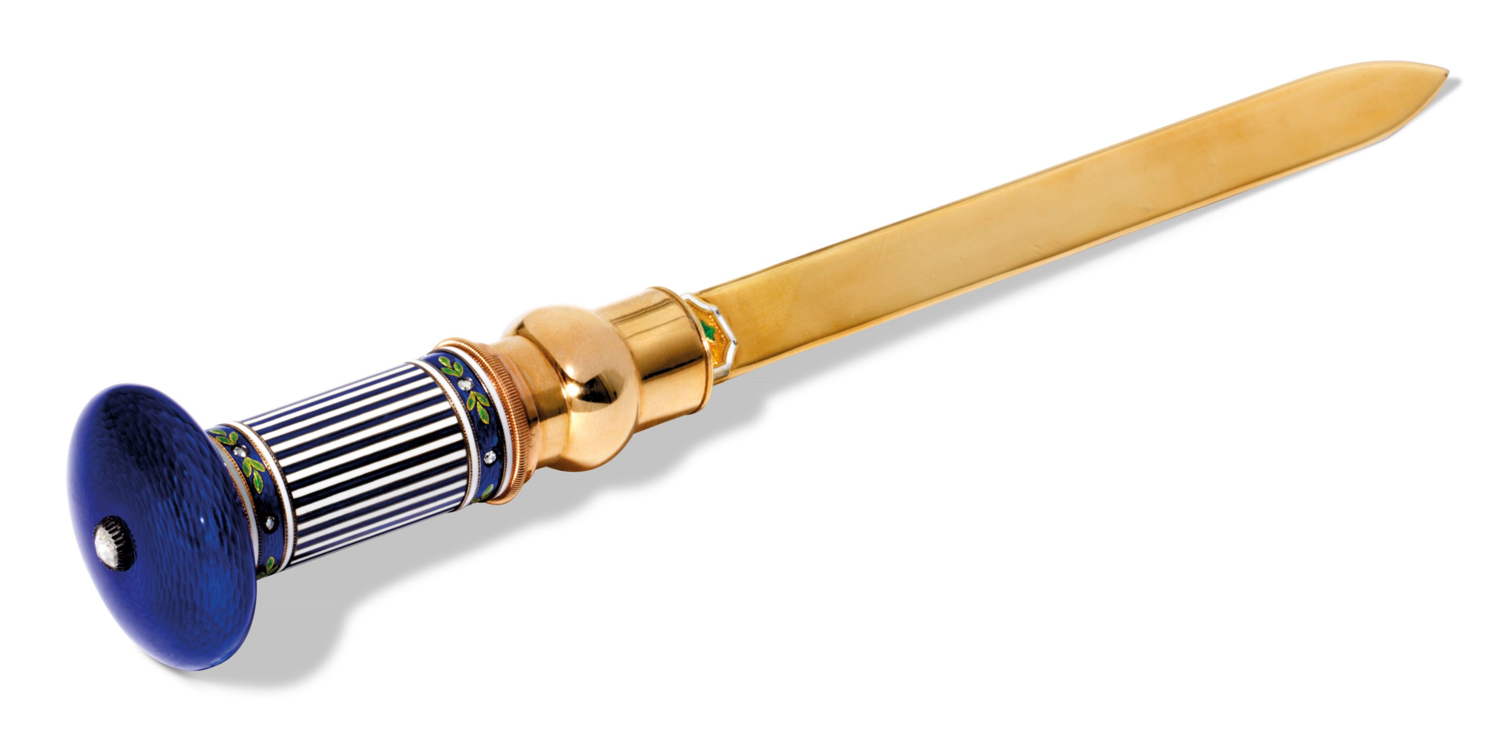 A JEWELLED, GUILLOCHÉ AND CHAMPLEVÉ ENAMEL GOLD PARASOL HANDLE ...