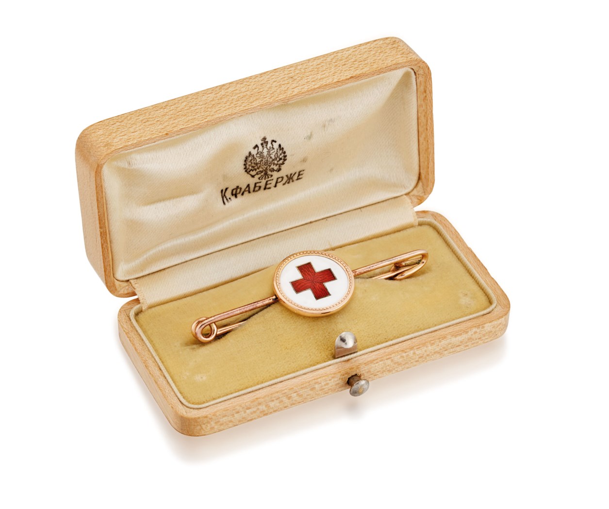 A GUILLOCHÉ AND CHAMPLEVÉ ENAMEL GOLD RED CROSS BROOCH, BY FABERGÉ ...