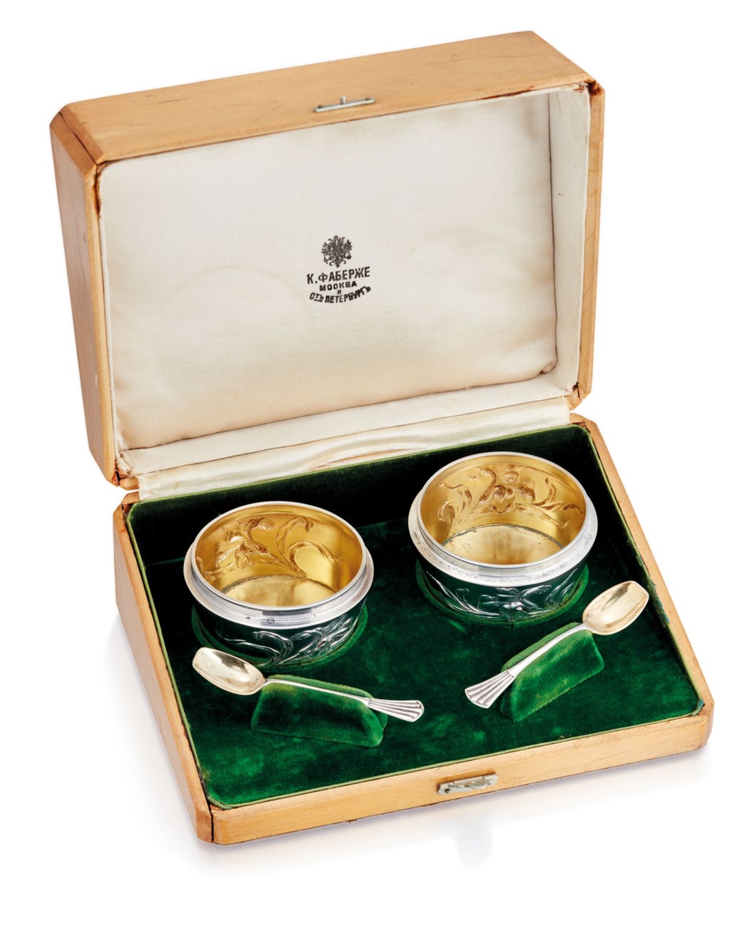 A PAIR OF PARCEL-GILT SILVER SALT CELLARS AND SPOONS, MARKED K. FABERGÉ ...