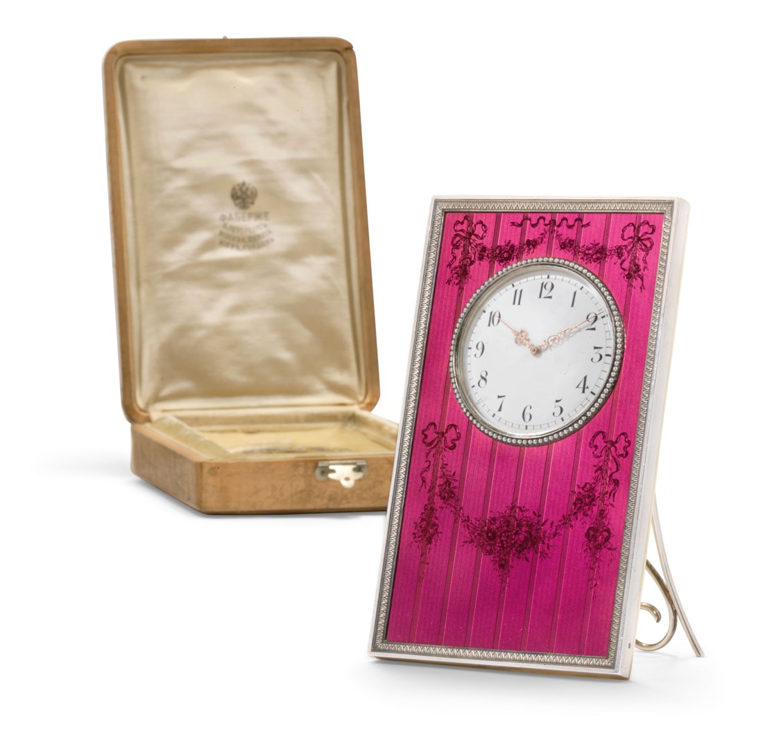 A JEWELLED AND GUILLOCHÉ ENAMEL SILVER-MOUNTED DESK CLOCK, MARKED ...