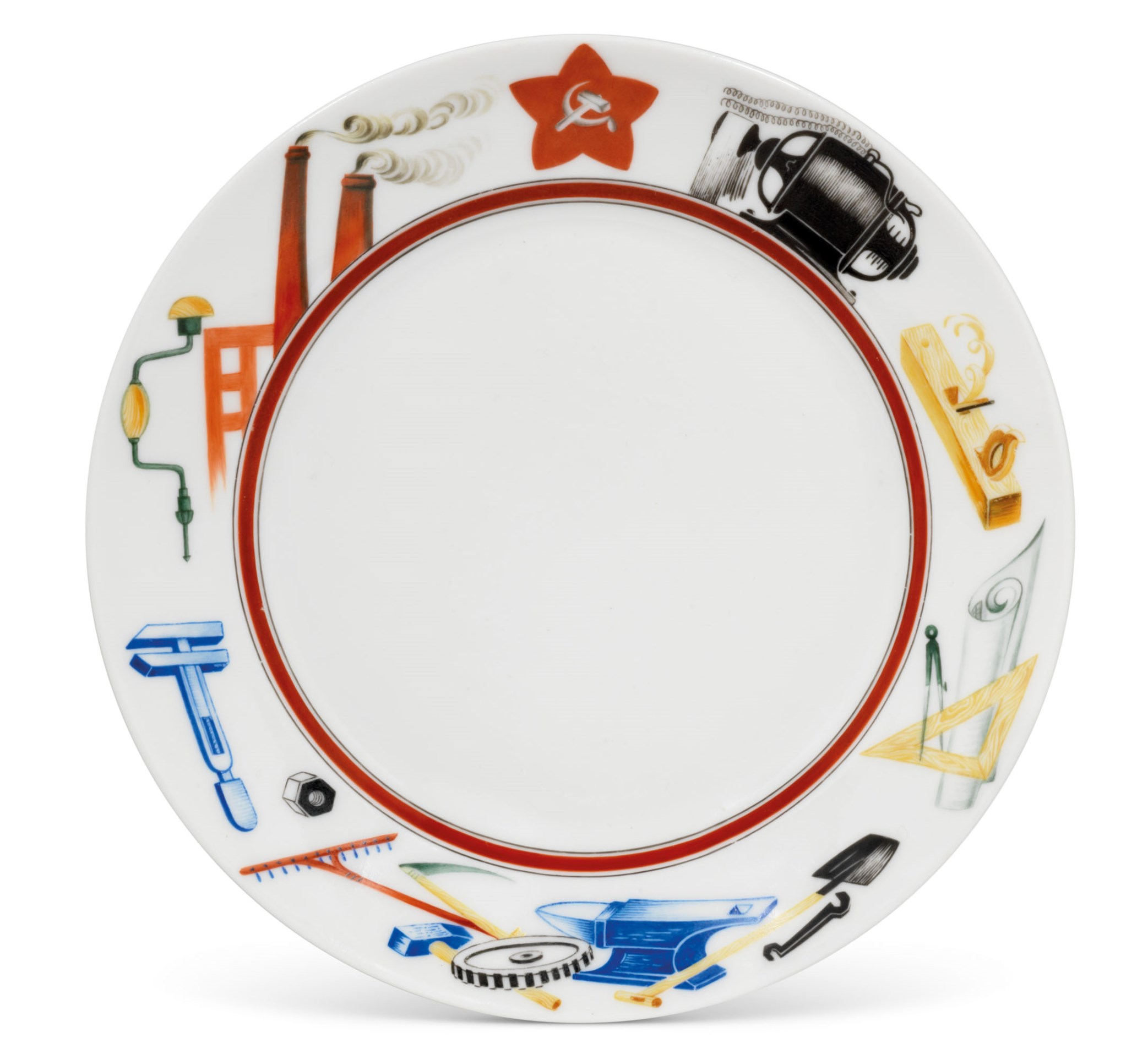 A SOVIET PROPAGANDA PORCELAIN PLATE FROM THE INDUSTRIAL SERVICE, BY THE ...
