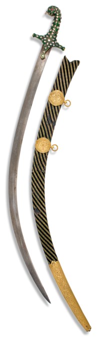 AN ENAMELLED AND GEM-SET GOLD-HILTED SWORD (SHAMSHIR), NORTH INDIA ...