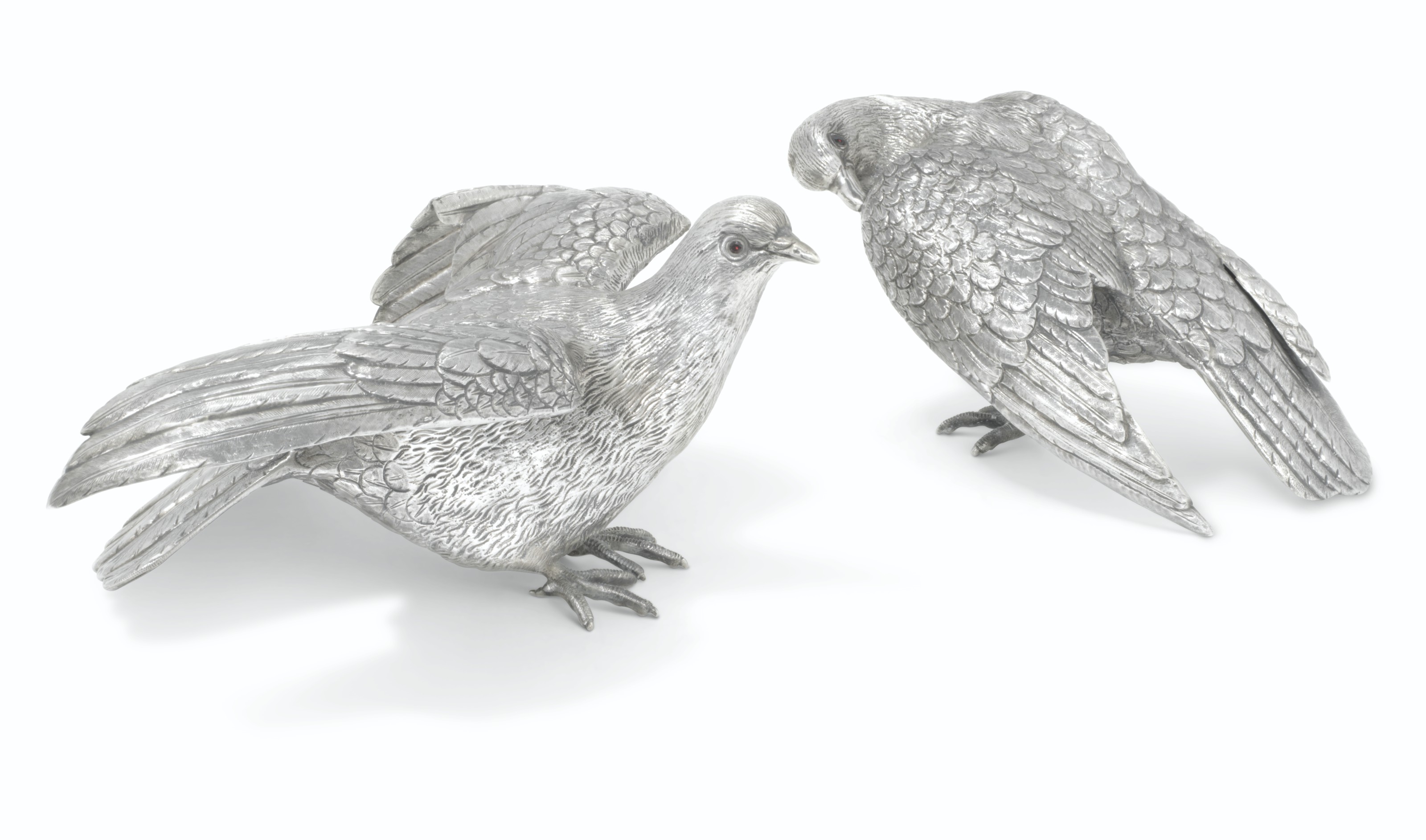 A PAIR OF PORTUGUESE SILVER DOVES, MARK OF LUIZ FERREIRA, PORTO, CIRCA ...