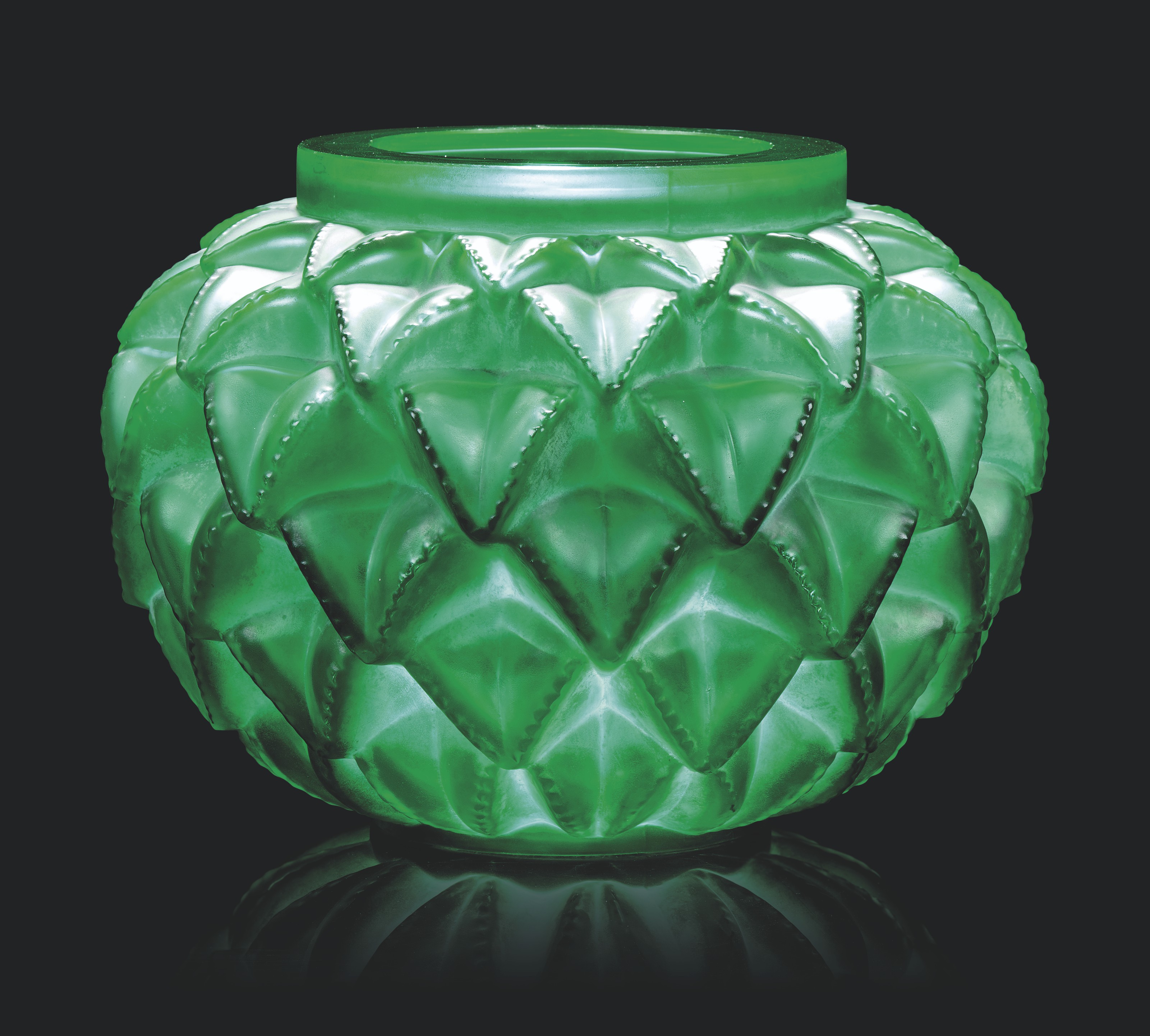 A FRENCH GREEN GLASS 'LANGUEDOC' VASE (NO. 1021), BY LALIQUE, PARIS ...