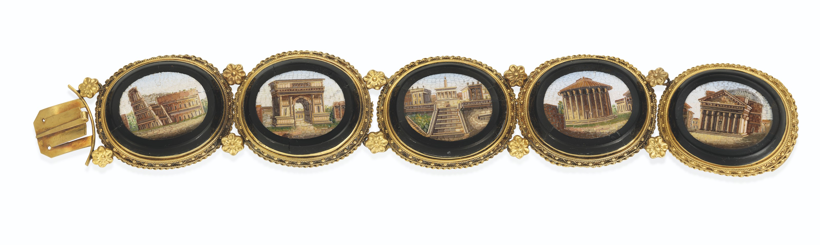 AN ITALIAN GOLD-MOUNTED BRACELET SET WITH MICROMOSAIC PLAQUES, ROME ...