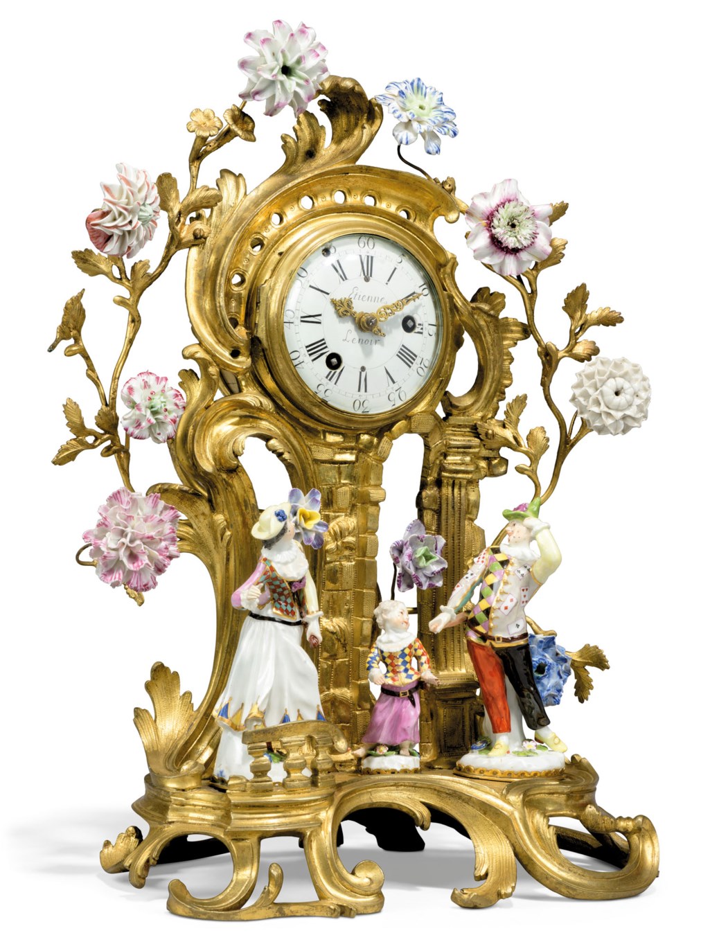 A LOUIS XV ORMOLU-MOUNTED AND MEISSEN PORCELAIN STRIKING MANTEL CLOCK ...