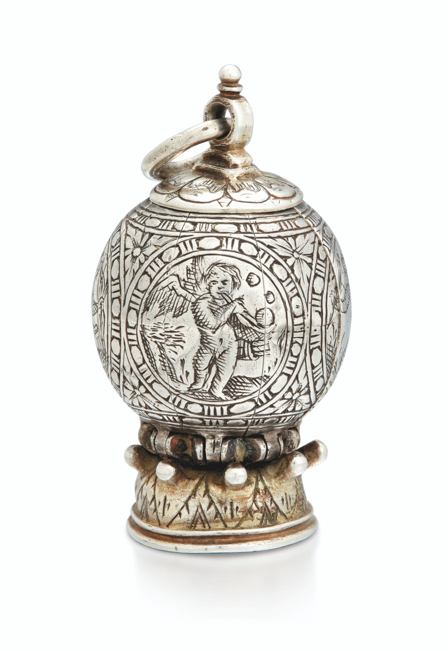 A GERMAN PARCEL-GILT SILVER POMANDER, APPARENTLY UNMARKED, CIRCA 1600 ...