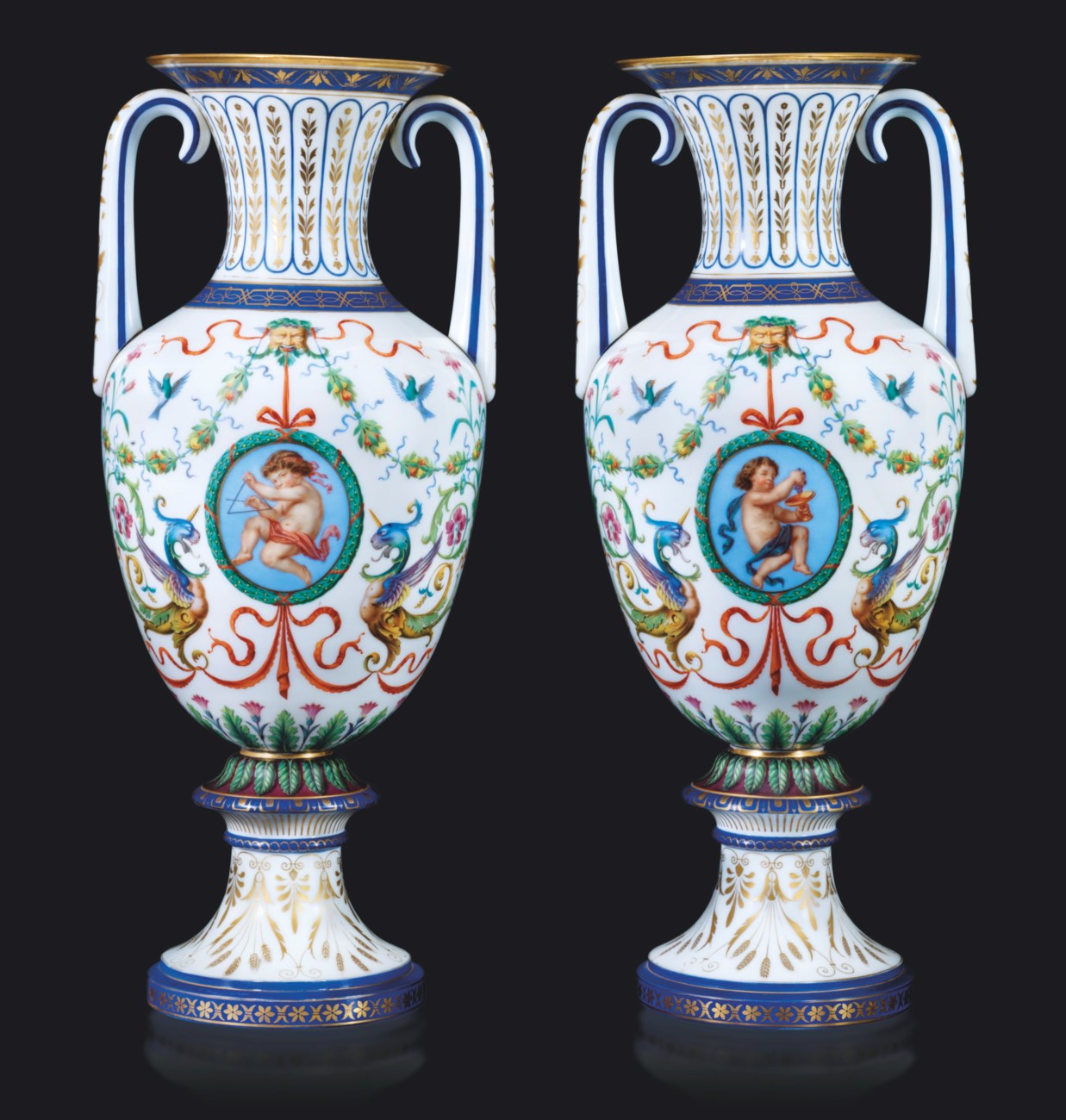 A PAIR OF FRENCH OPALINE GLASS TWO-HANDLED VASES, LATE 19TH / EARLY ...