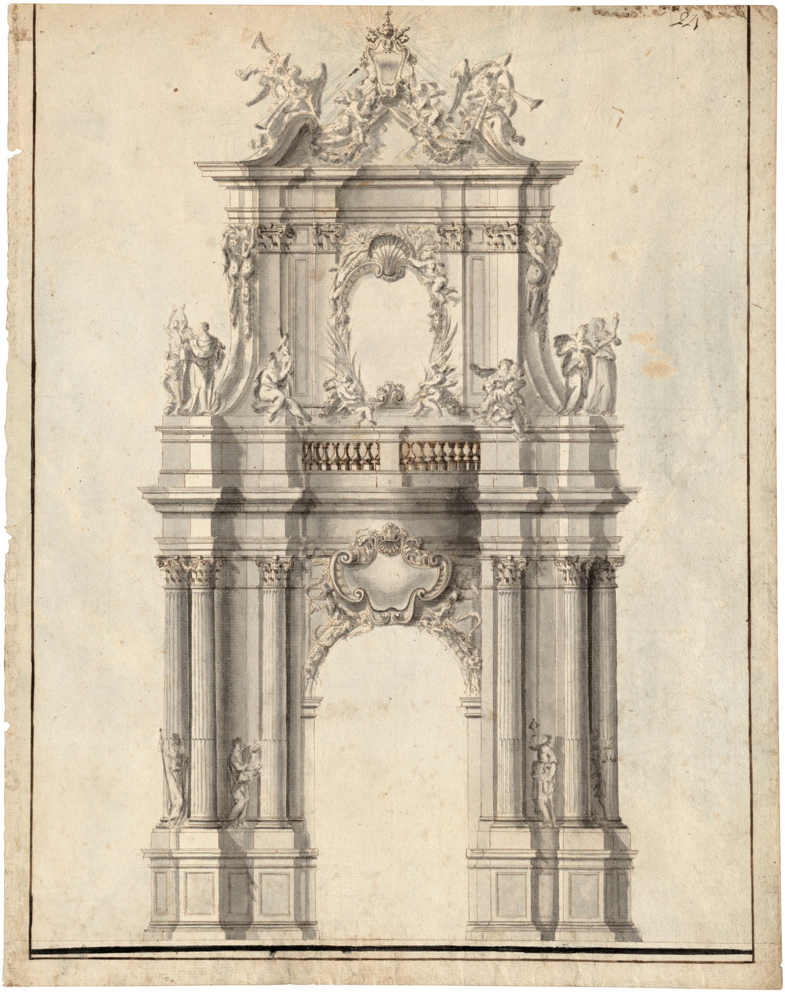 ITALIAN SCHOOL, 18TH CENTURY, A design for a triumphal arch seen from ...