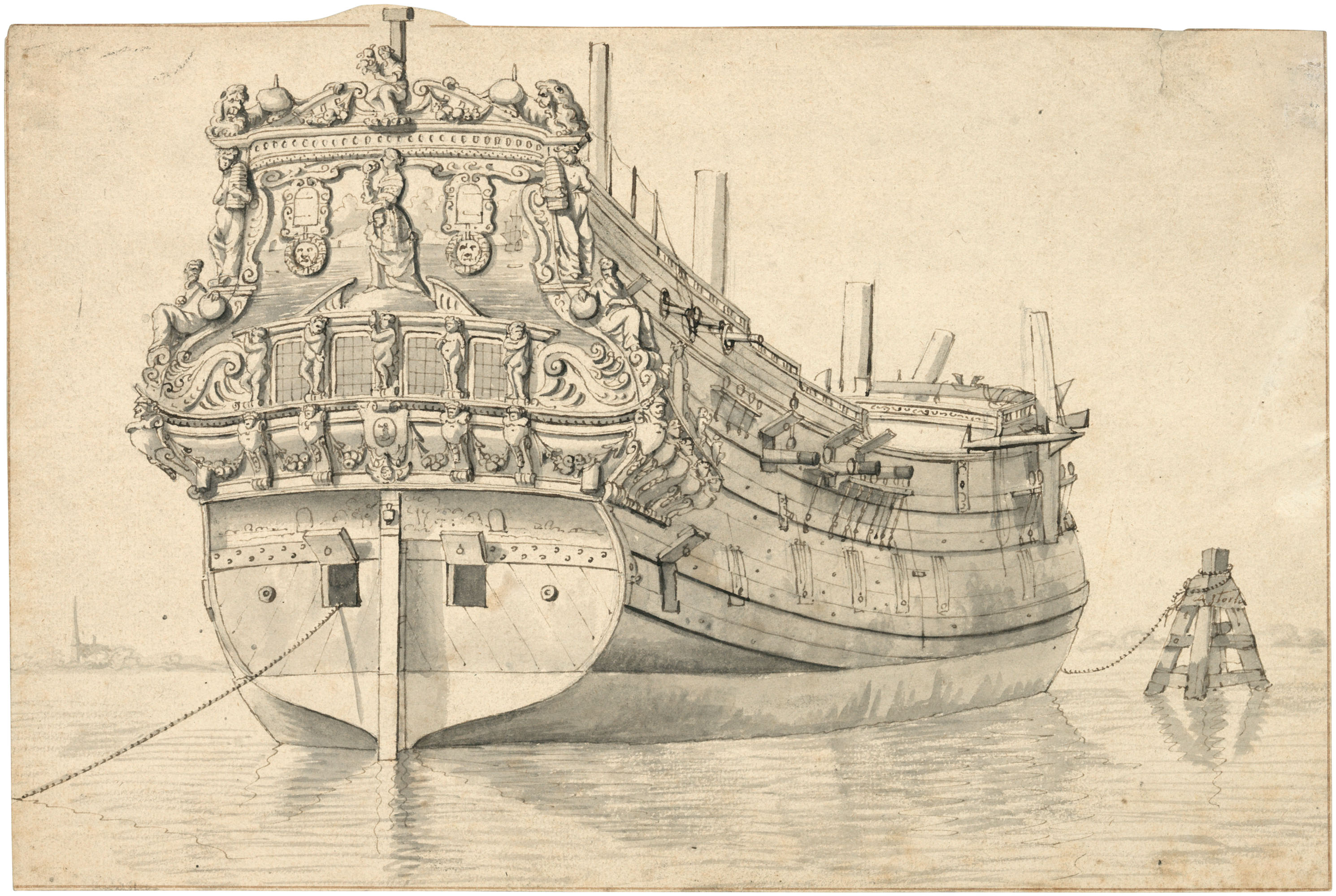 ABRAHAM STORCK (AMSTERDAM 1644-1708), The stern of a ship with a town ...