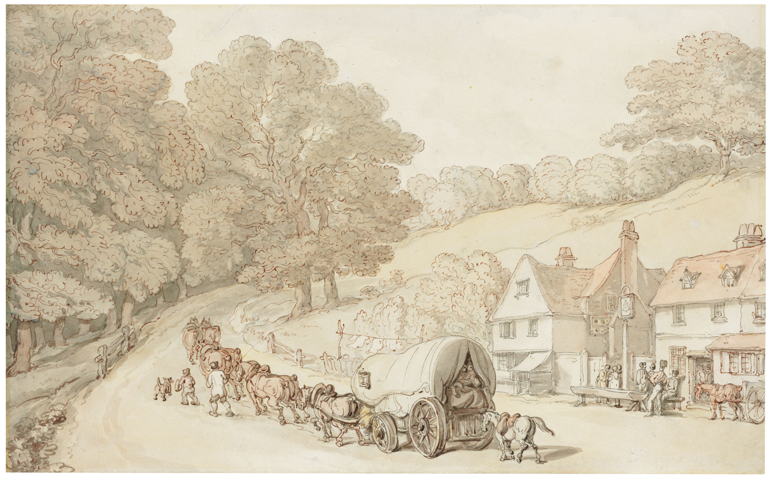 THOMAS ROWLANDSON (LONDON 1756-1827), A roadside inn with travellers ...