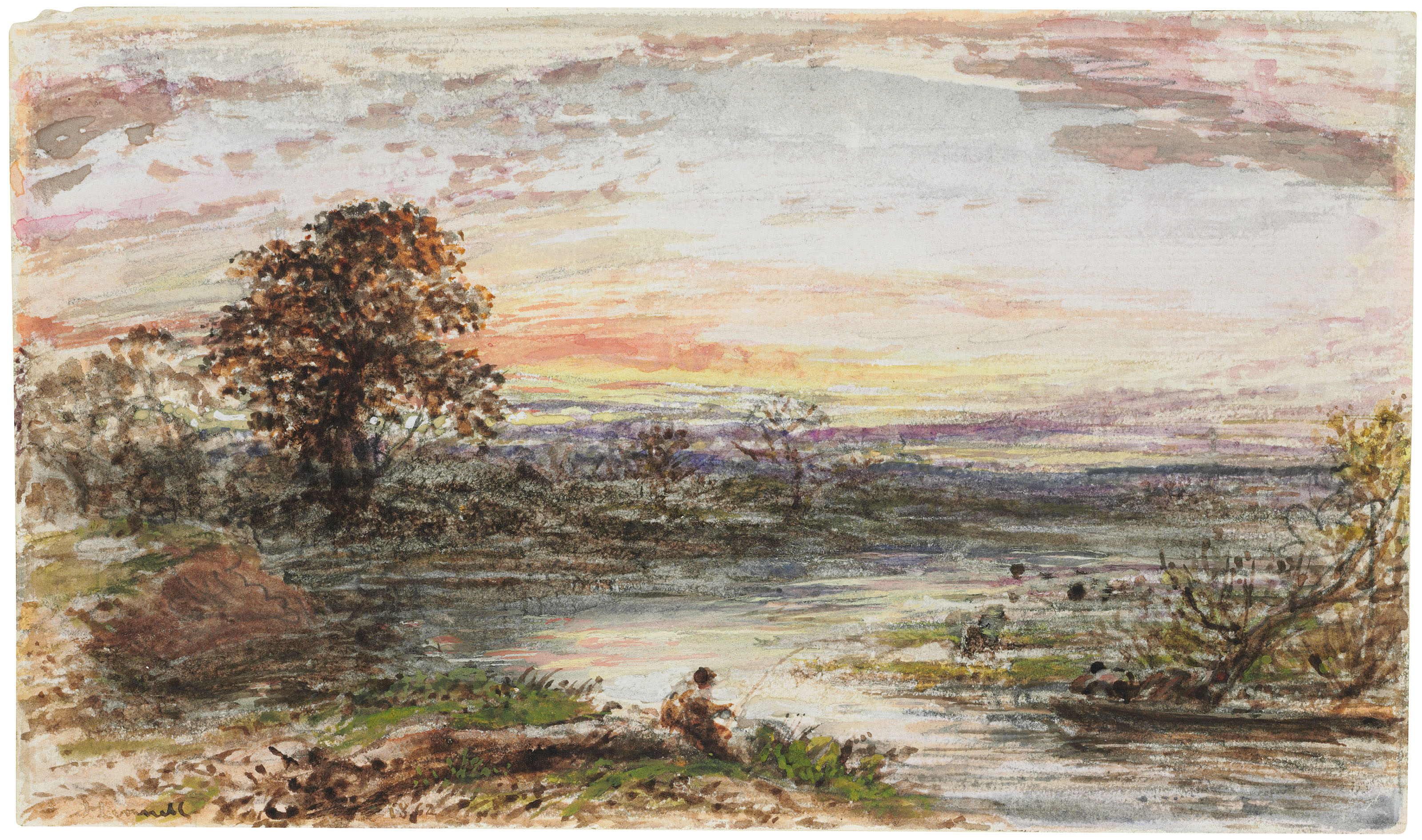 JOHN LINNELL (LONDON 1792-1882), An angler by a river at sunset ...