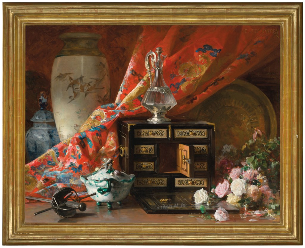 HUBERT DENIS ETCHEVERRY (FRENCH, 1867-1950), A cabinet, flowers and ...