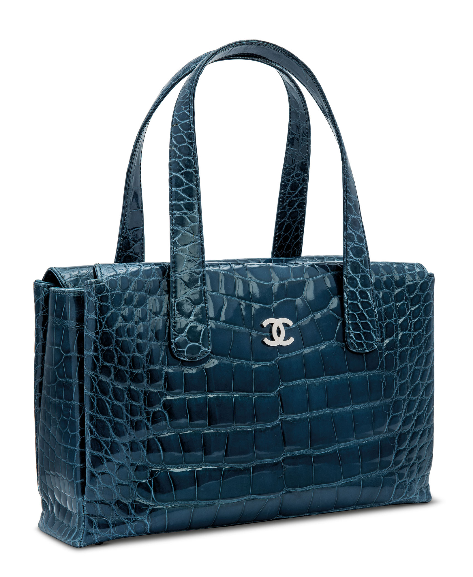 A SHINY BLUE ALLIGATOR TOTE WITH SILVER HARDWARE