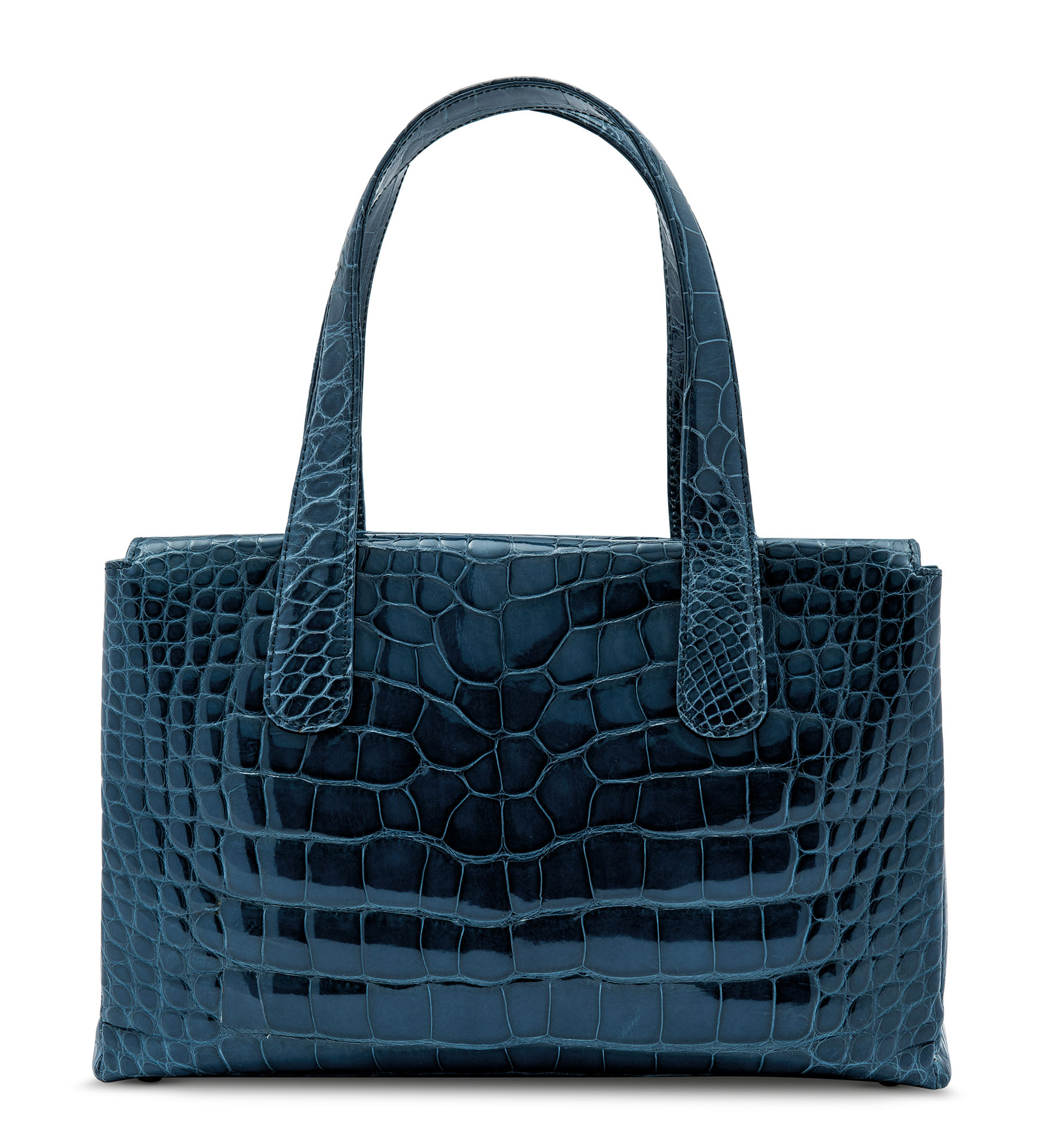 A SHINY BLUE ALLIGATOR TOTE WITH SILVER HARDWARE