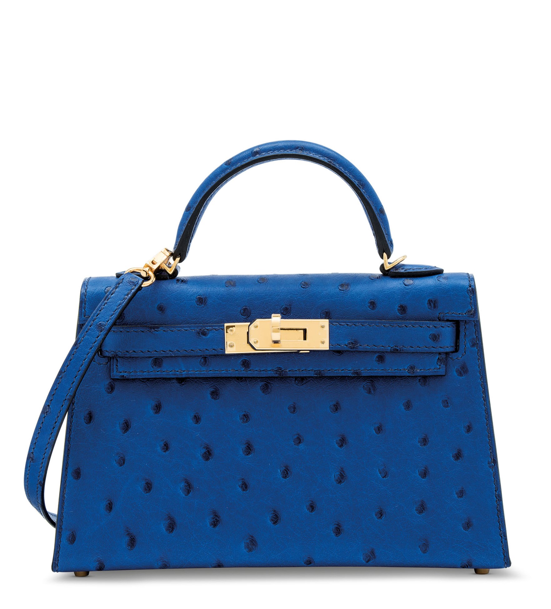 A BLEU SAPHIR OSTRICH MINI KELLY 20 II WITH GOLD HARDWARE, HERMÈS, 2019 ...