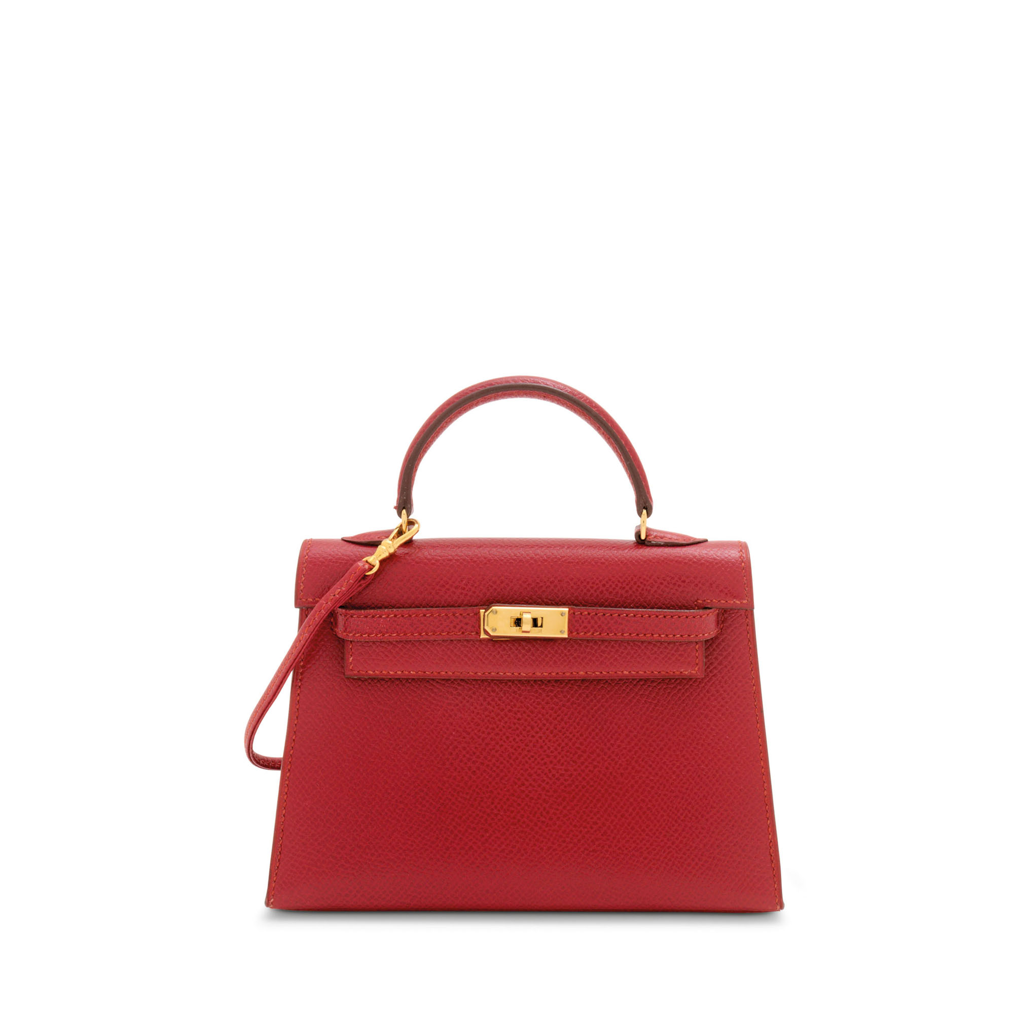 A ROUGE VIF COURCHEVEL LEATHER MICRO MINI KELLY 15 WITH GOLD HARDWARE ...