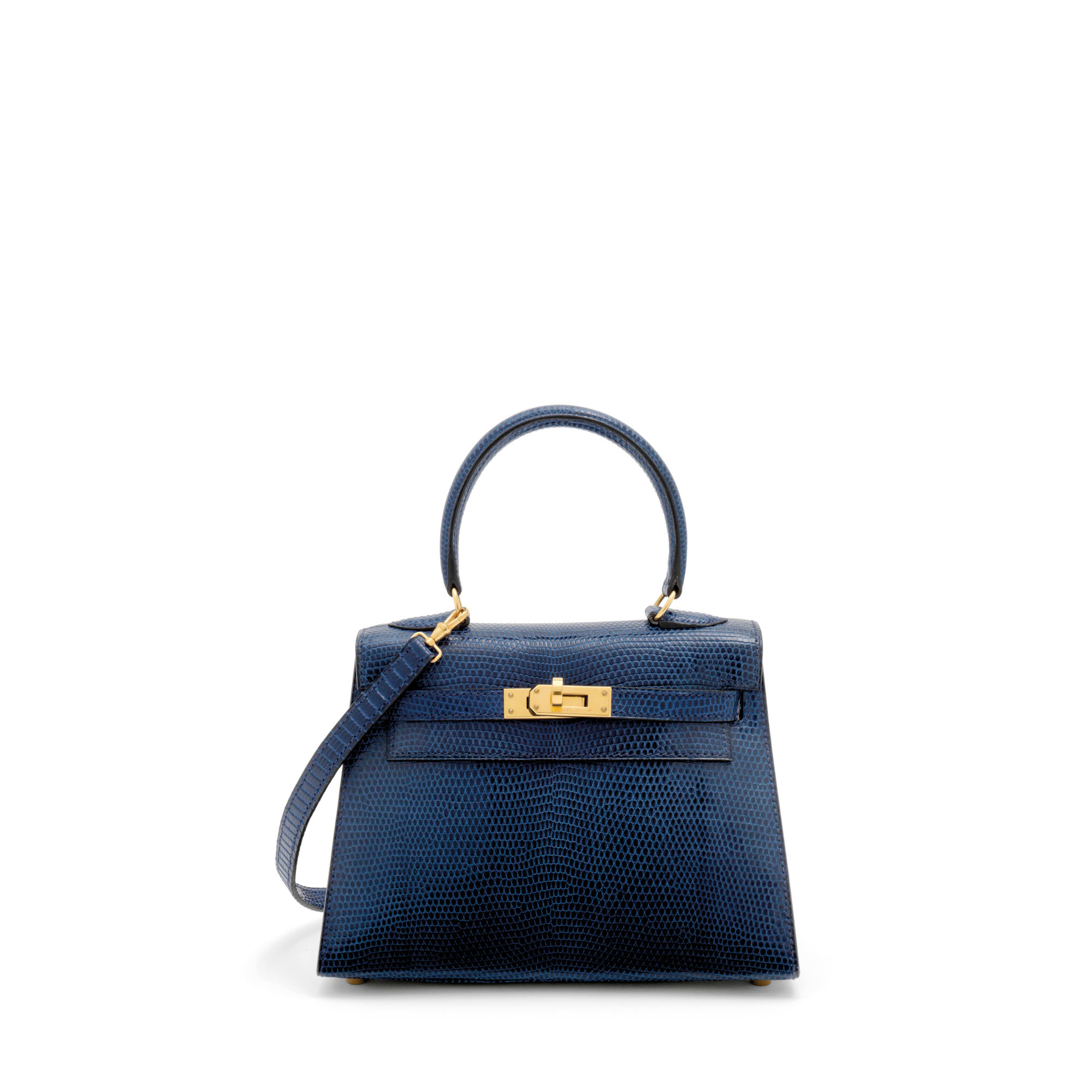 A SHINY BLEU ROI NILOTICUS LIZARD MINI KELLY 20 WITH GOLD HARDWARE ...