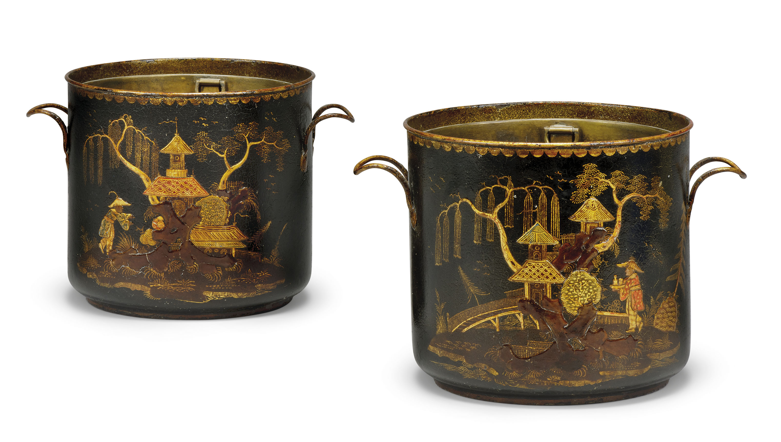 A PAIR OF FRENCH TOLE PEINTE CACHE-POTS