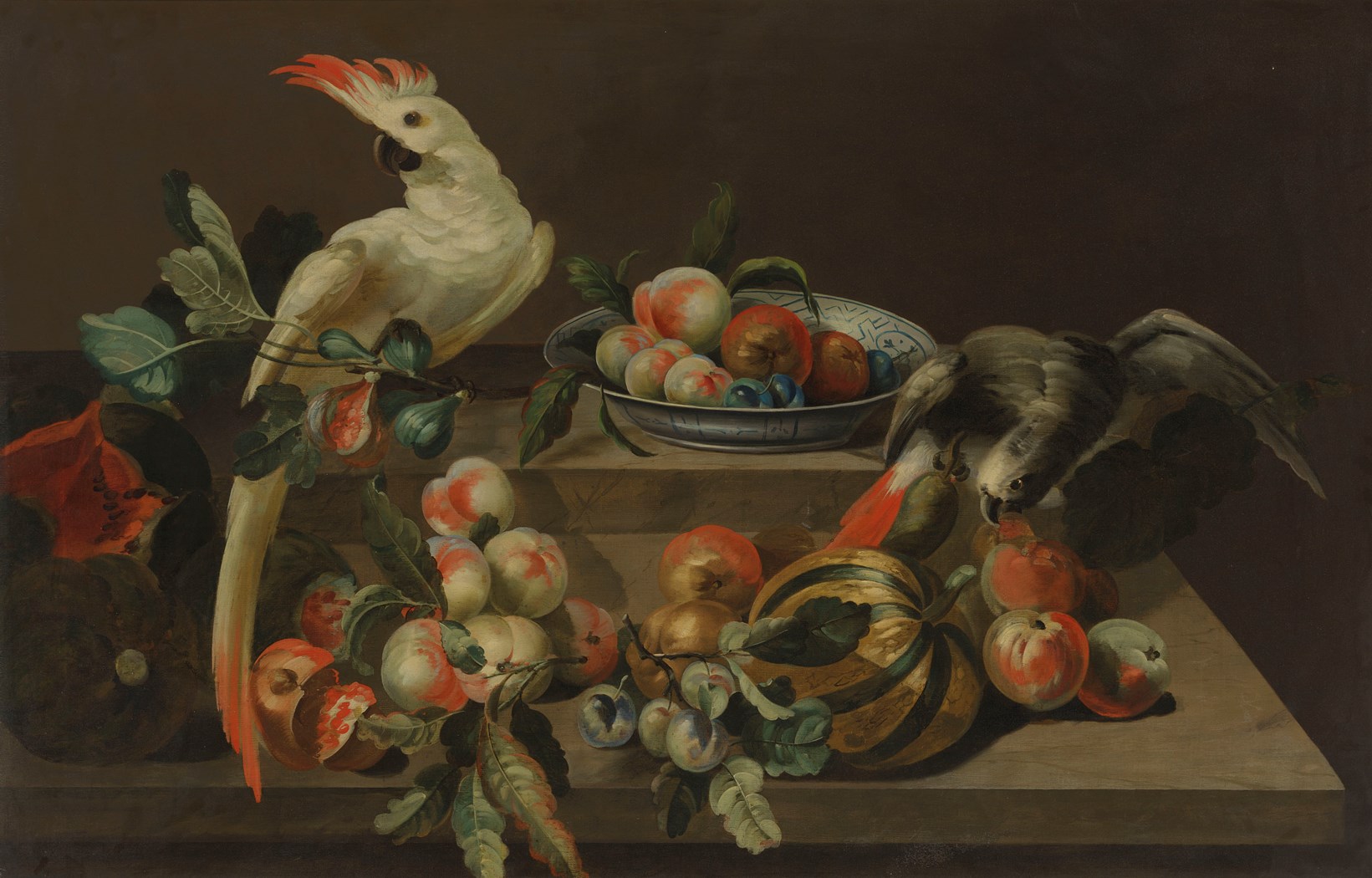 Manner of Jakob Bogdani, Two parrots with peaches and melons on a ledge ...