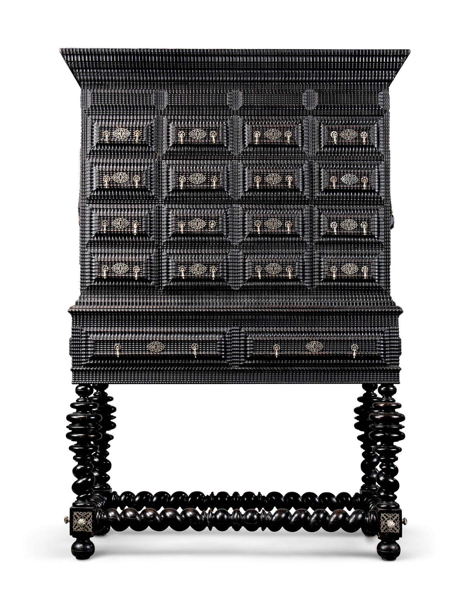 A PORTUGUESE EBONISED RIPPLE-MOULDED CABINET-ON-STAND, 19TH CENTURY ...