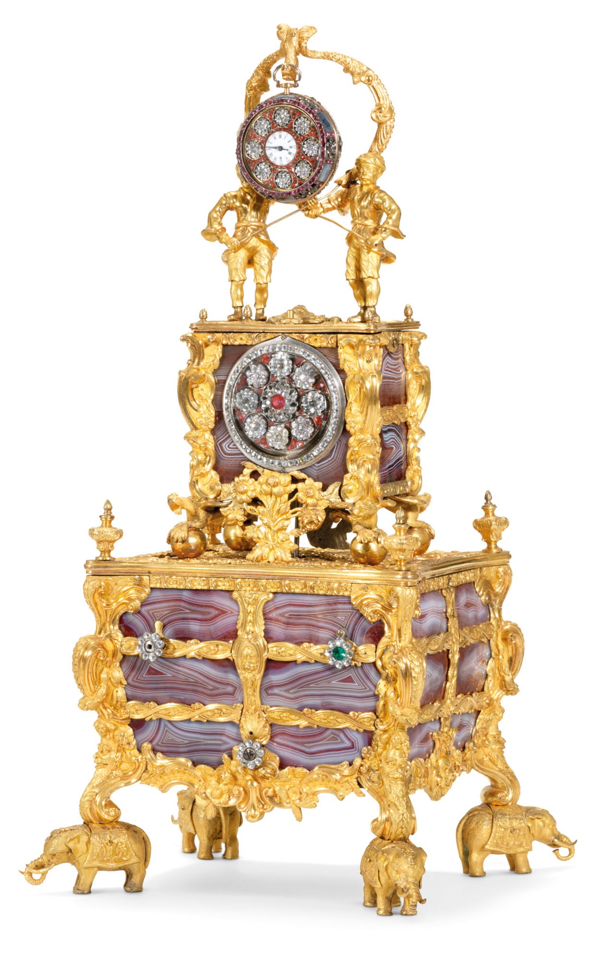 A GEORGE III GOLD AND AGATE MOUNTED AUTOMATON WATCH; WITH AN ORMOLU AND ...