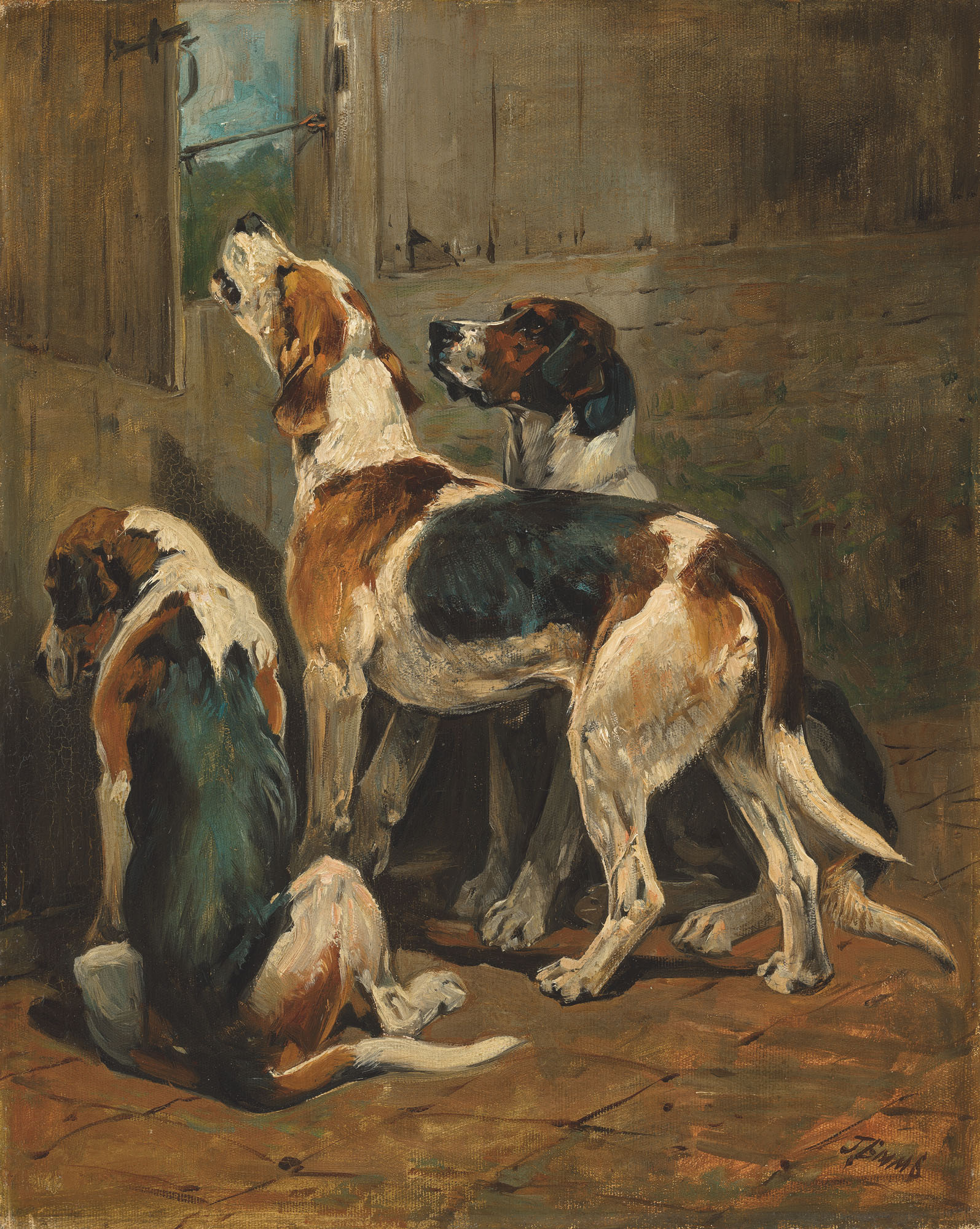 JOHN EMMS (BRITISH, 1841-1912), Foxhounds at a kennel door | Christie’s
