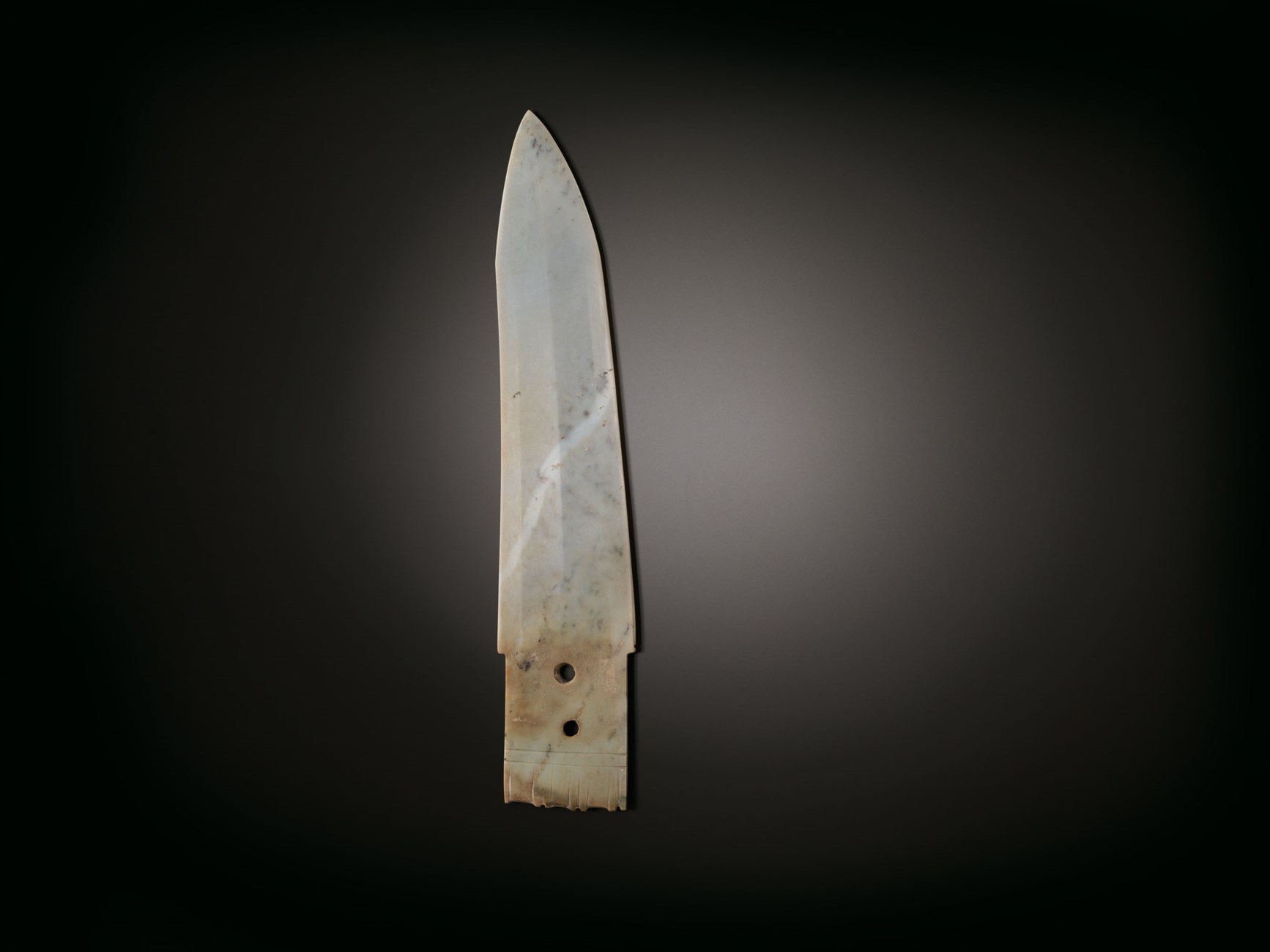 A FINE GREYISH-GREEN JADE HALBERD BLADE, GE, LATE SHANG DYNASTY, CIRCA ...