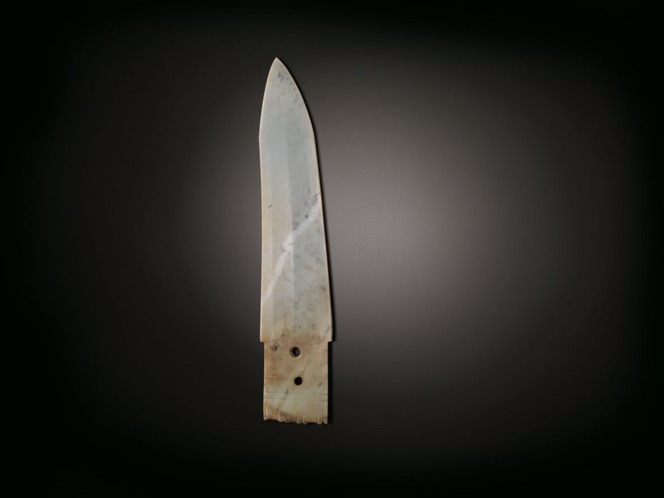 A FINE GREYISH-GREEN JADE HALBERD BLADE, GE, LATE SHANG DYNASTY, CIRCA ...