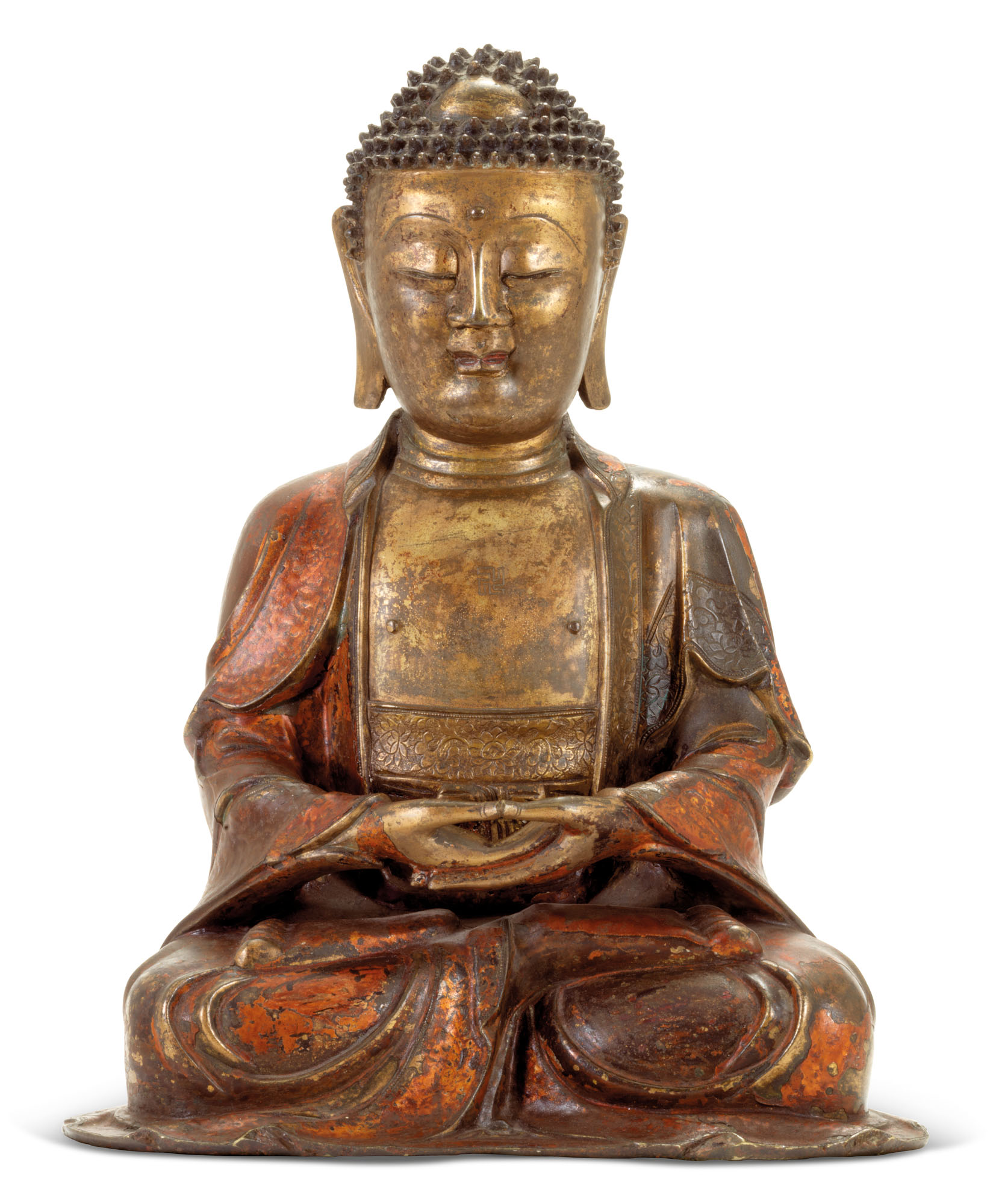 A LACQUERED GILT-BRONZE FIGURE OF BUDDHA SHAKYAMUNI