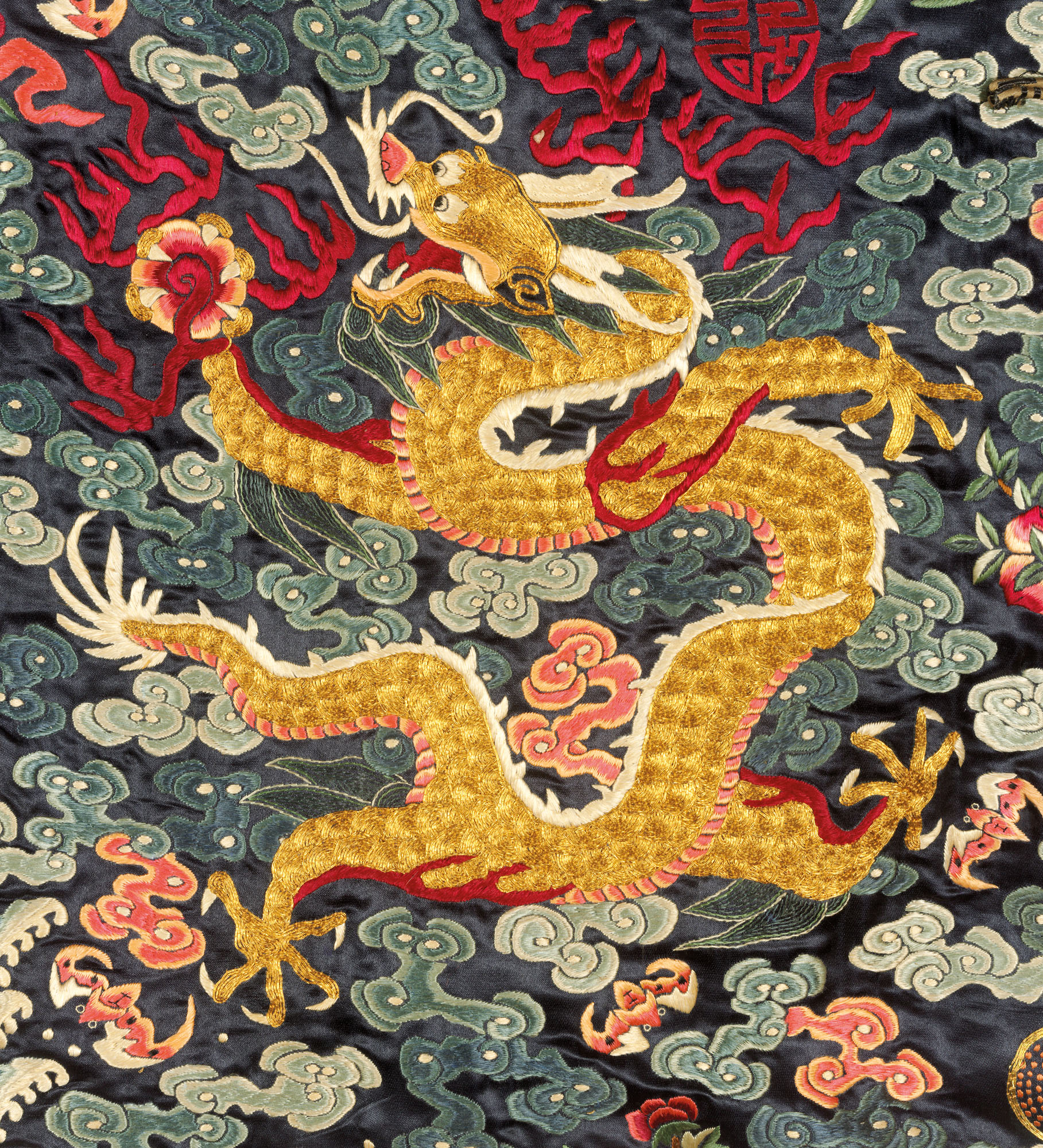 A BLUE-GROUND EMBROIDERED SILK TWELVE SYMBOL 'DRAGON' ROBE