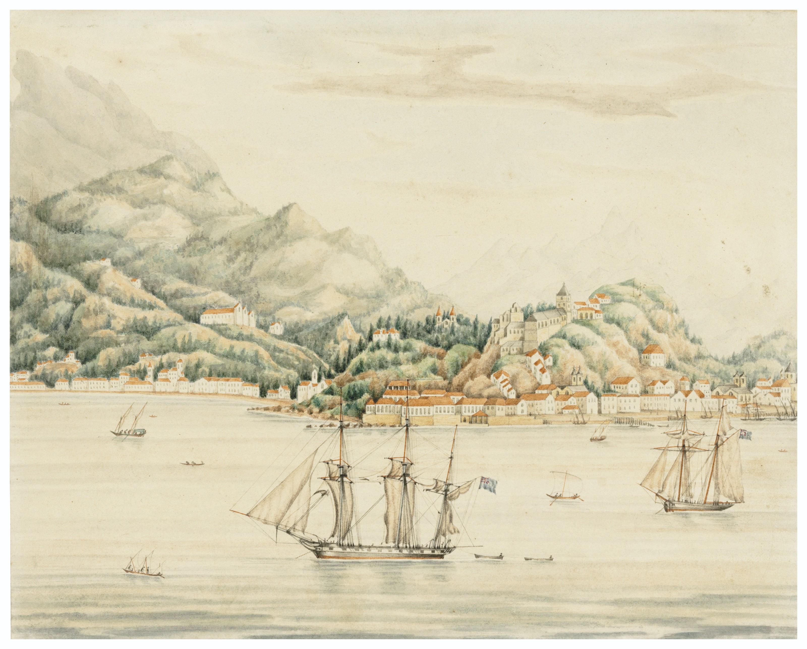 English School, circa 1840, HMS Spider and HMS Rose at anchor in ...