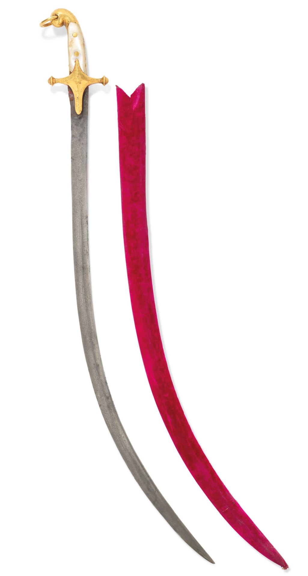 A MOTHER-OF-PEARL MOUNTED GOLD-HILTED SWORD (SHAMSHIR), THE BLADE, IRAN ...