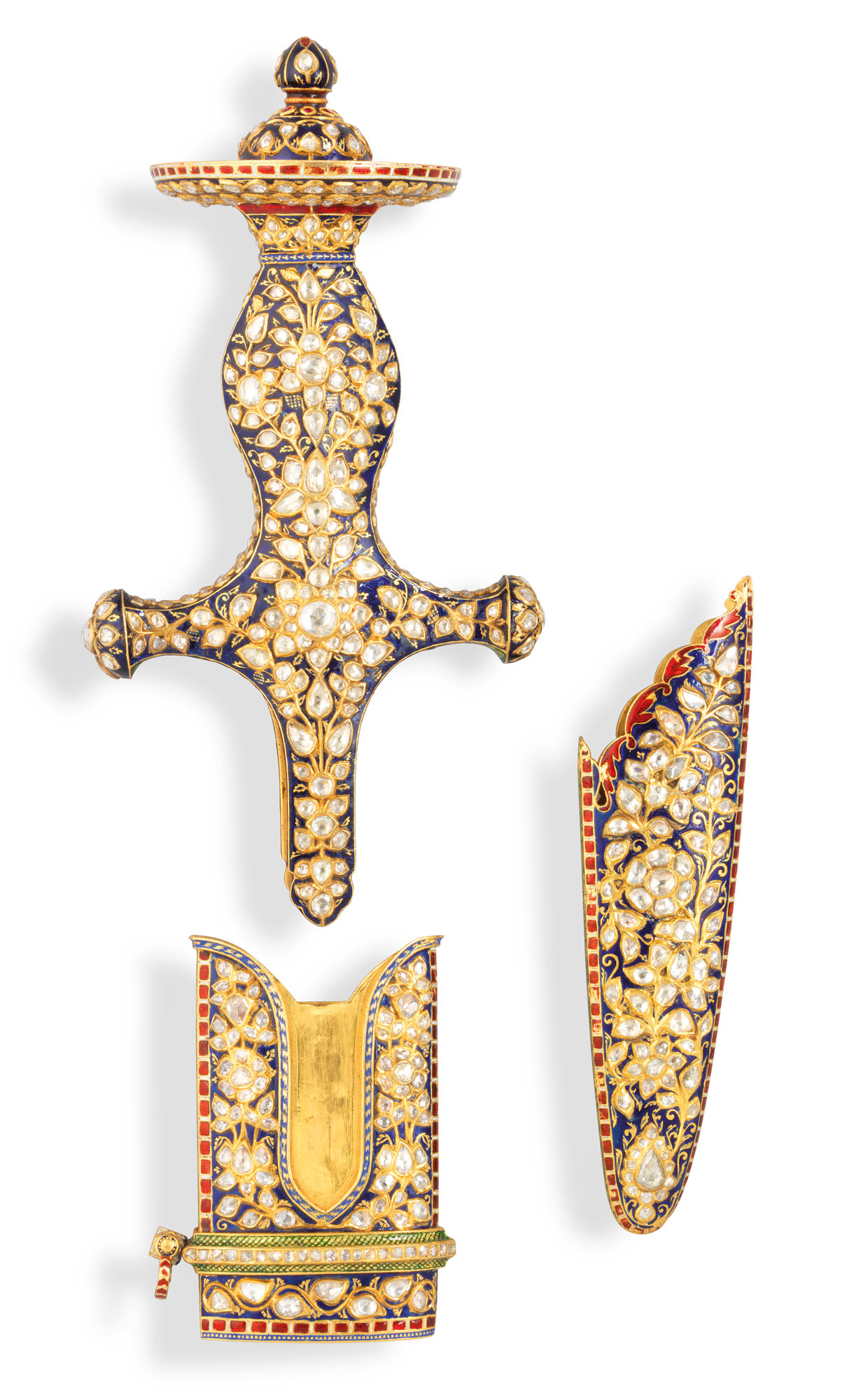 A GEM SET AND ENAMELLED GOLD SWORD (TULWAR) HILT, LOCKET AND CHAPE ...