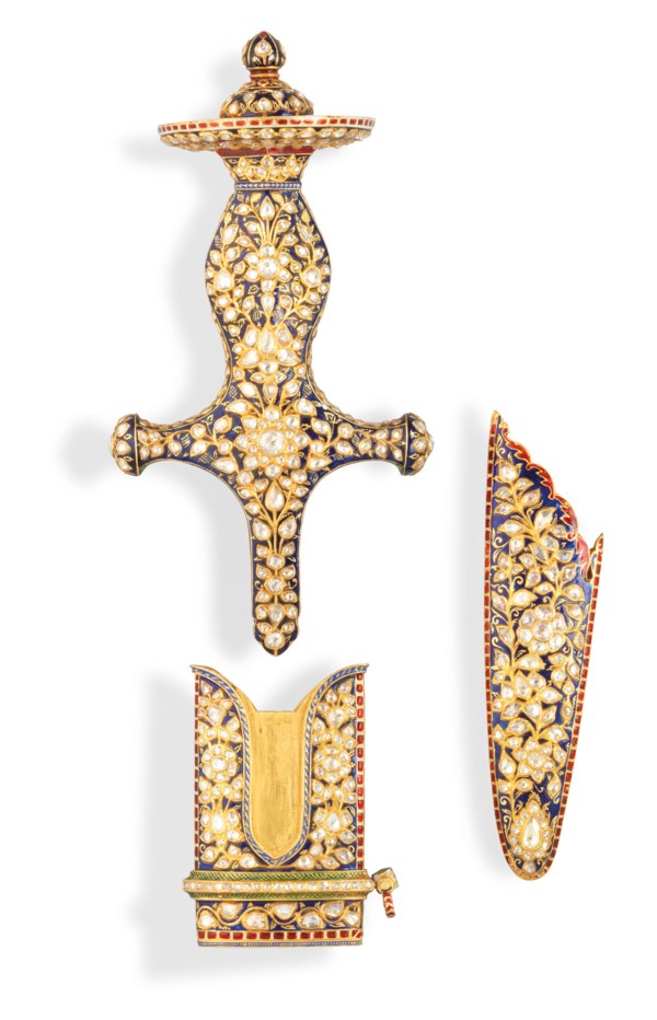 A GEM SET AND ENAMELLED GOLD SWORD (TULWAR) HILT, LOCKET AND CHAPE ...