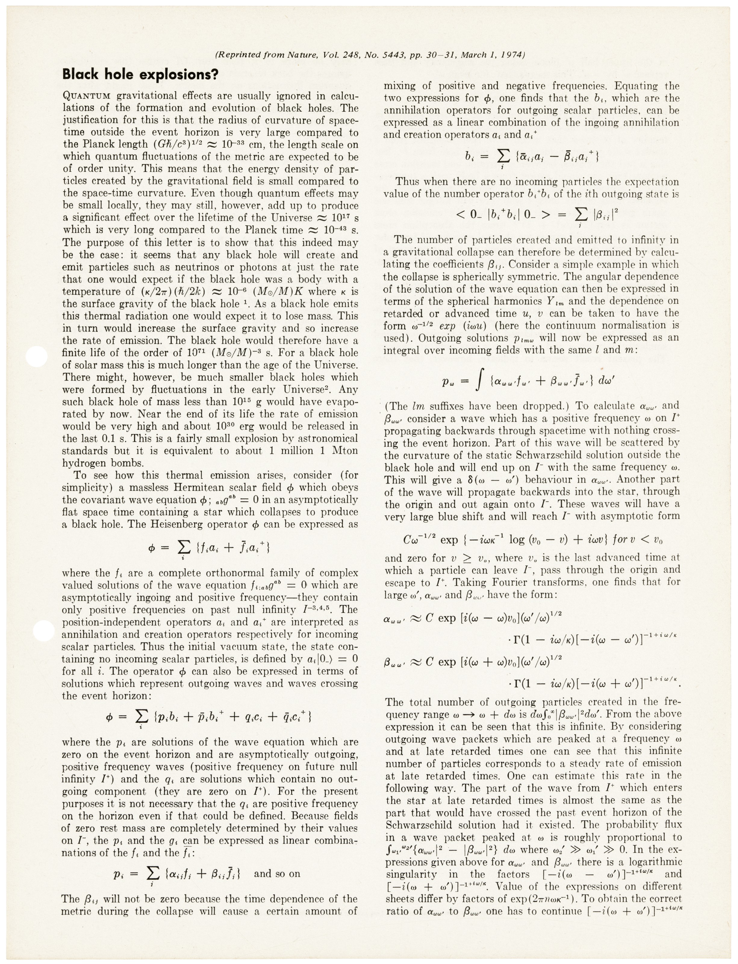 Hawking’s most important article, predicting Hawking Radiation, Stephen ...