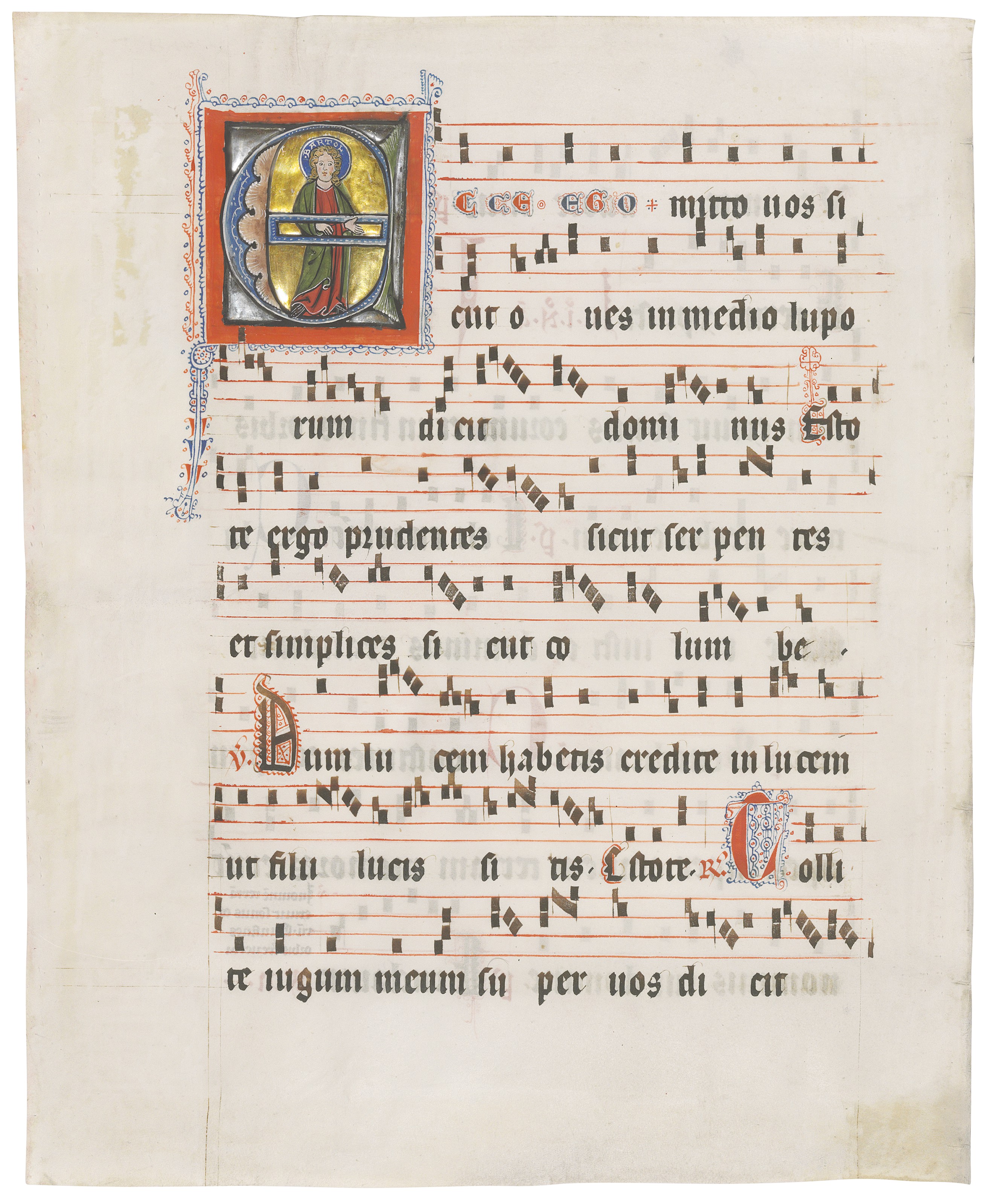 Regensburg School, St Bartholomew, historiated initial 'E' on a leaf ...