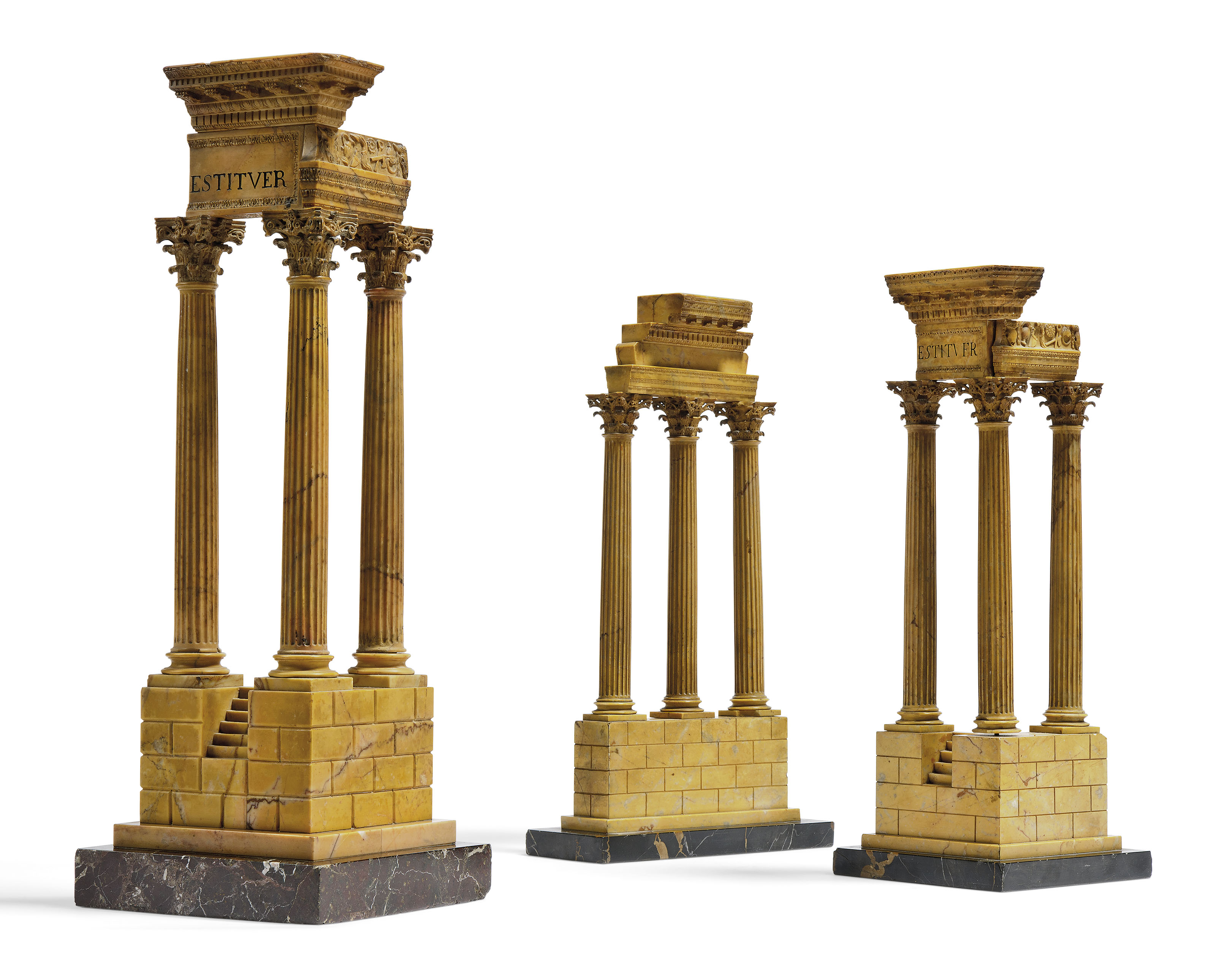 A GROUP OF THREE ITALIAN 'GRAND TOUR' MARBLE MODELS OF ARCHITECTURAL ...