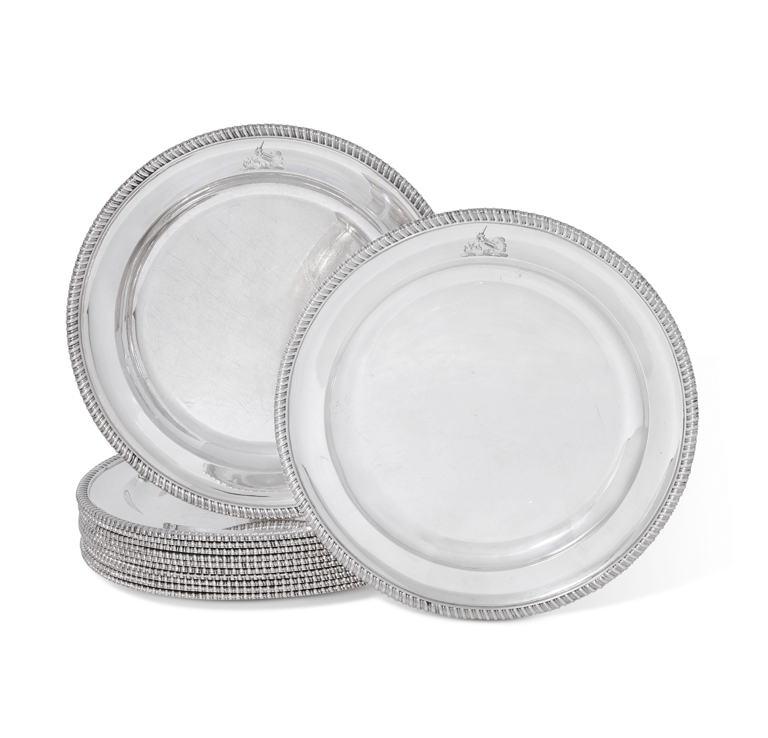 A SET OF TWELVE VICTORIAN SILVER DINNER PLATES, MARKS OF JOHN SAMUEL ...