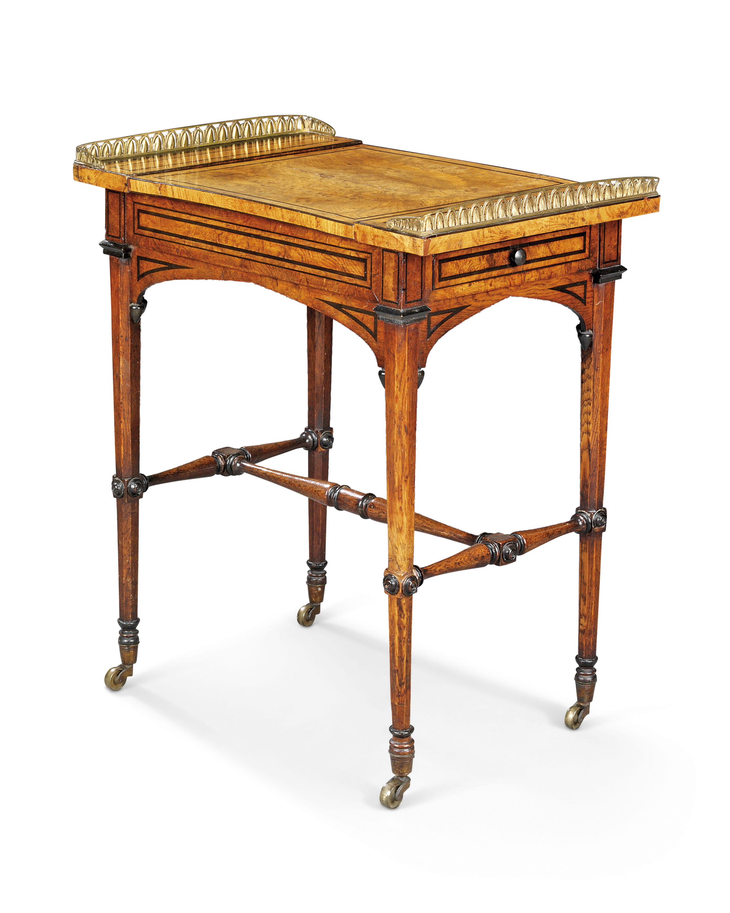 A REGENCY BRASS-MOUNTED BROWN OAK, OAK, EBONISED AND EBONY INLAID GAMES ...
