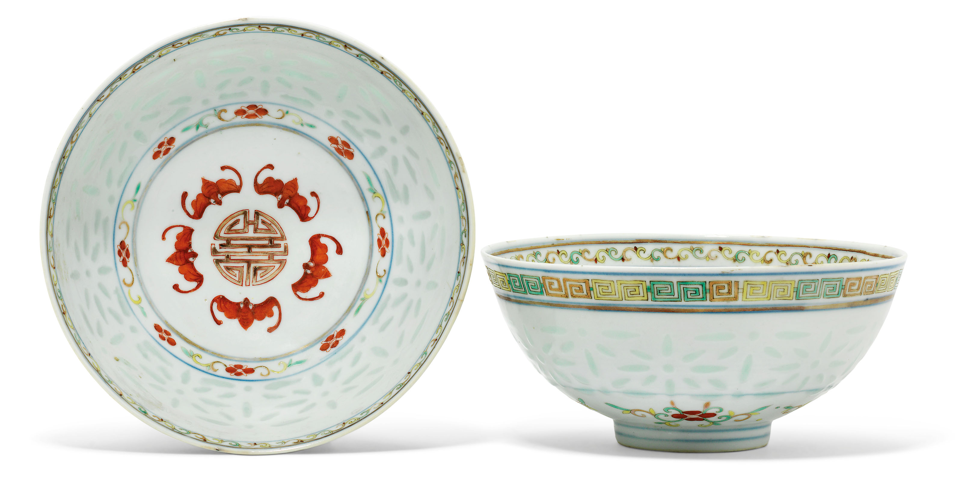 PAIR OF FAMILLE ROSE AND GILT-DECORATED 'BAT AND SHOU CHARACTER' BOWLS ...